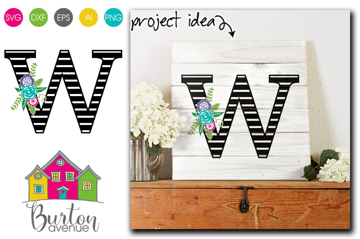 Striped Floral Letter W SVG File (205324) | SVGs | Design Bundles