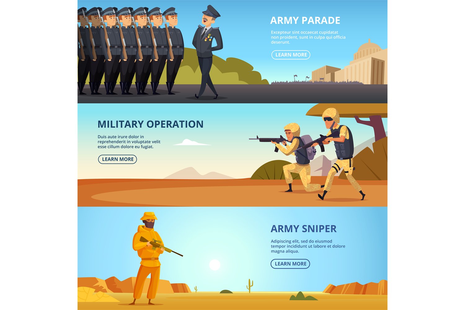 Banners set with illustrations of military characters and di (825595 ...