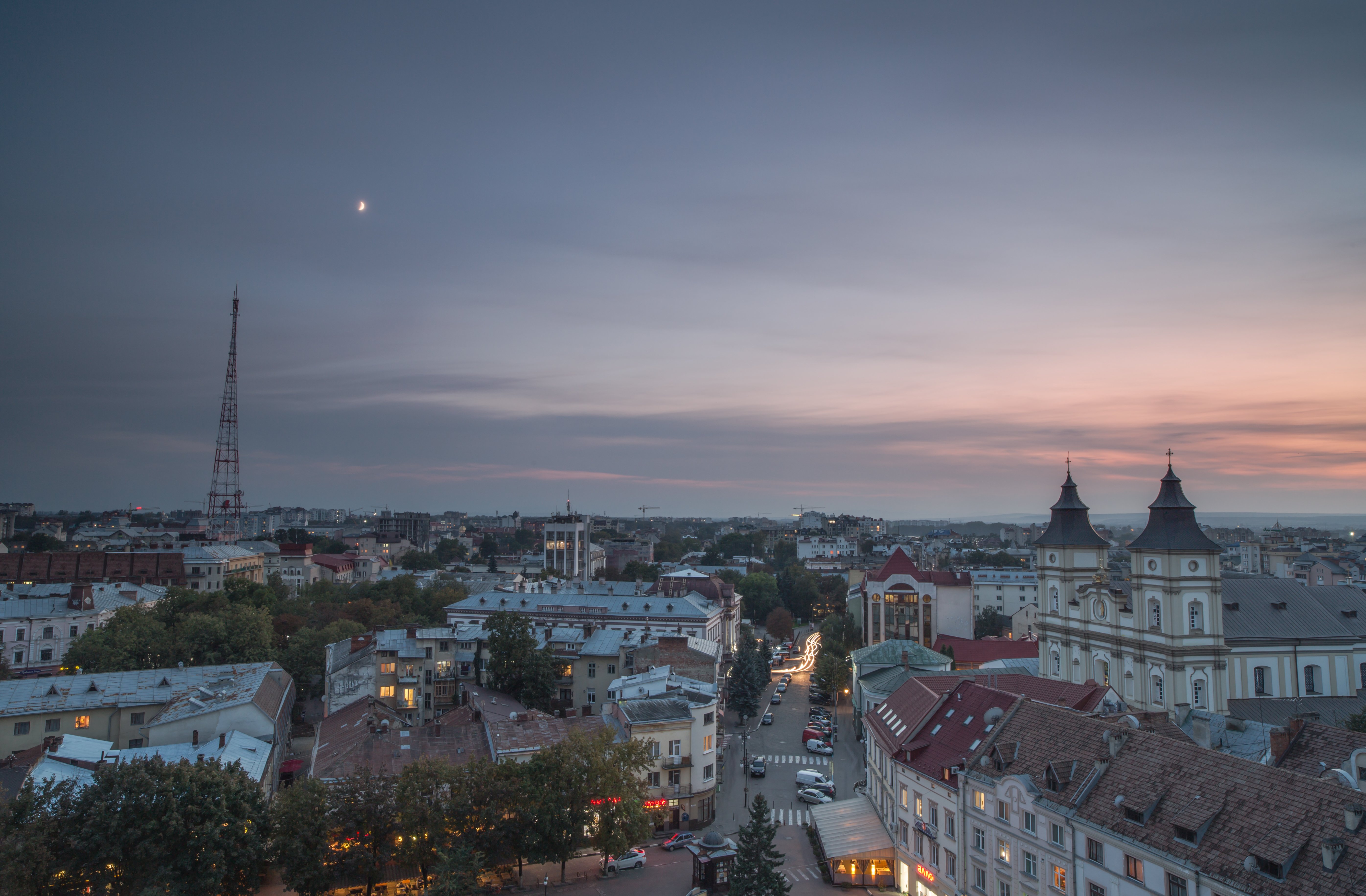 Aerial view of old European city during sunset