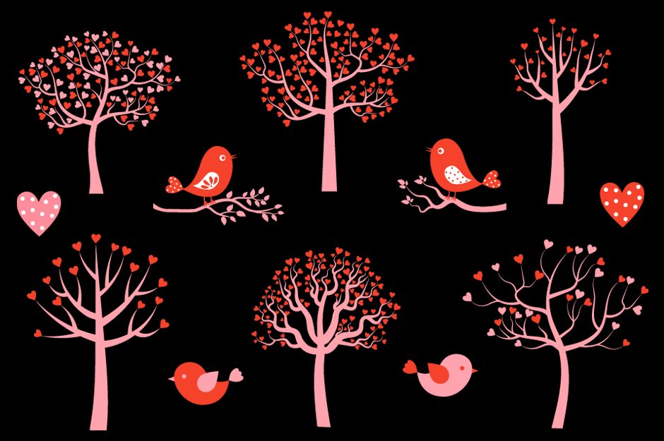 Love pink and red birds and trees with heart leaves clipart (262343 ...
