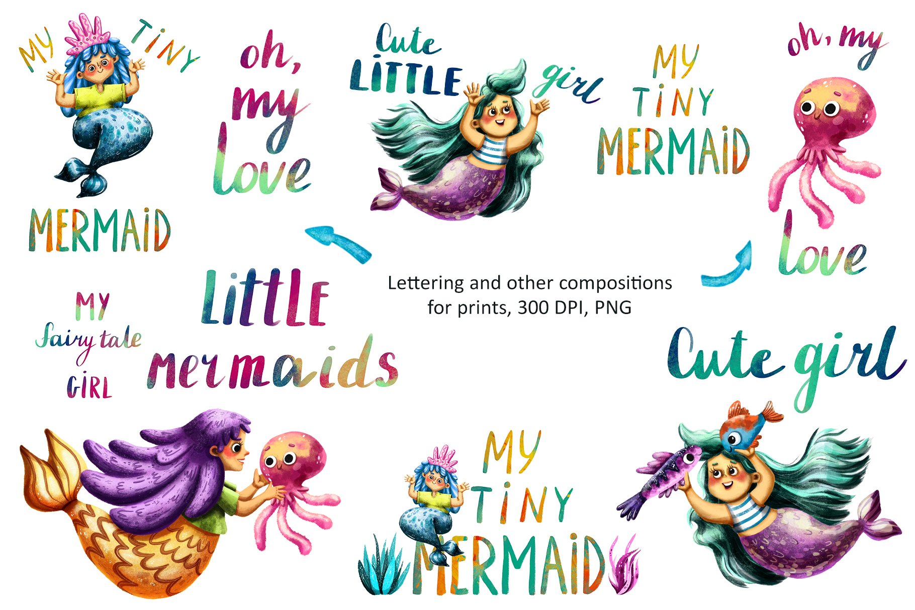 Little Mermaids - Clip Art Set (722174) | Illustrations | Design Bundles