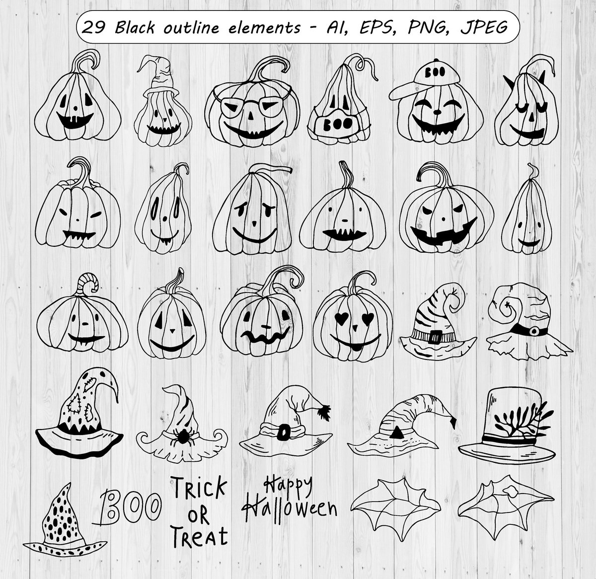 Black And White Halloween Pumpkins Clipart & Cards -Line Art (849959 ...
