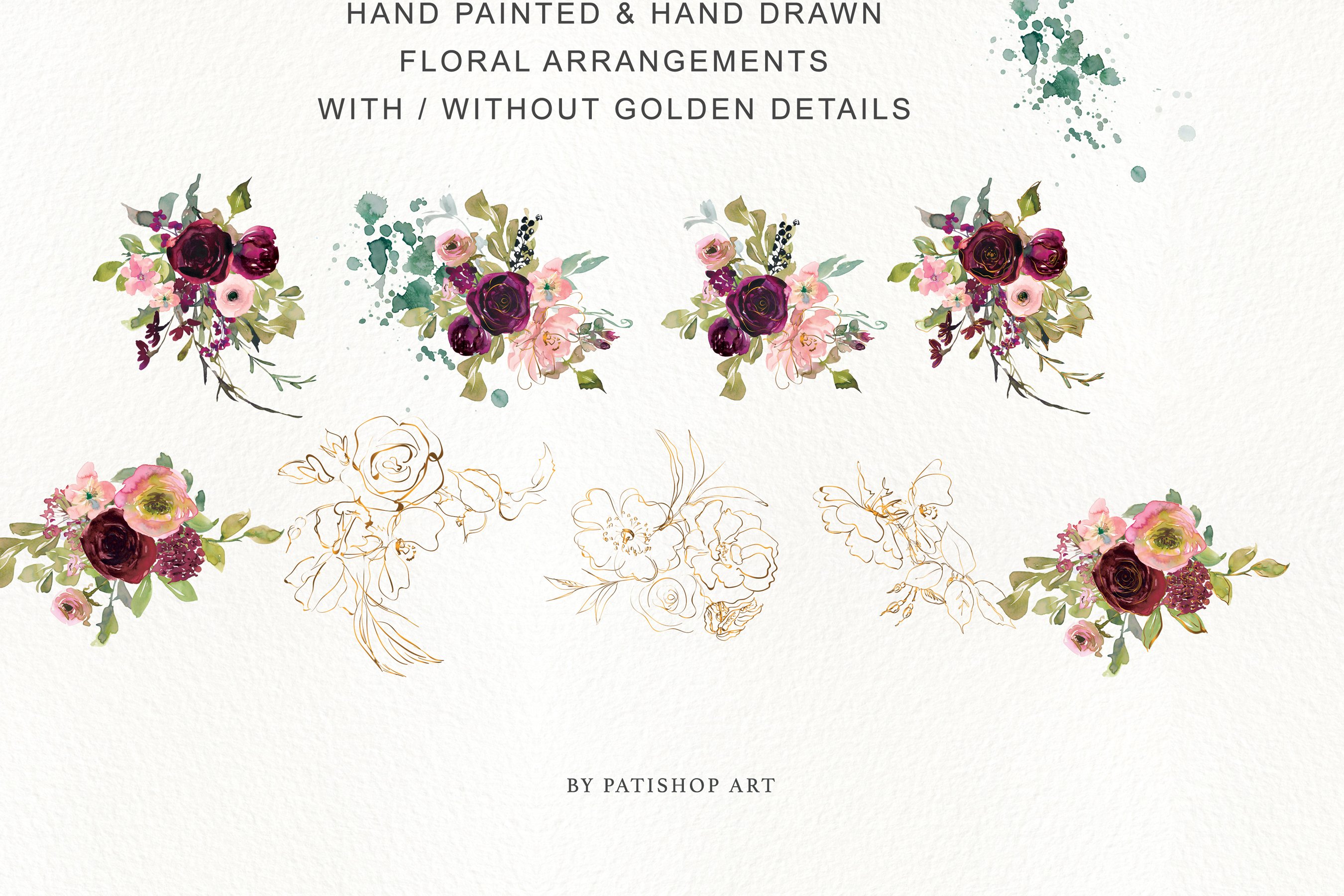 Watercolor Burgundy Blush and Gold Floral Bouquet Clipart (226811 ...