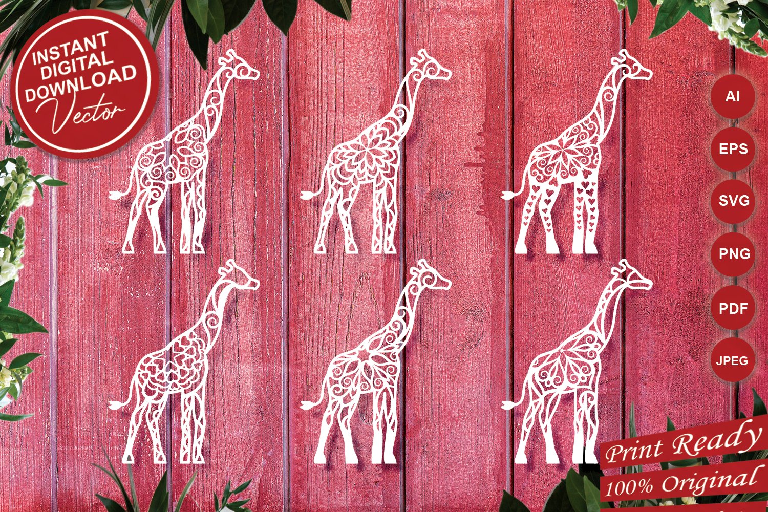 Papercut Giraffe Mandala Set, Cute Safari Animal Floral Pack
