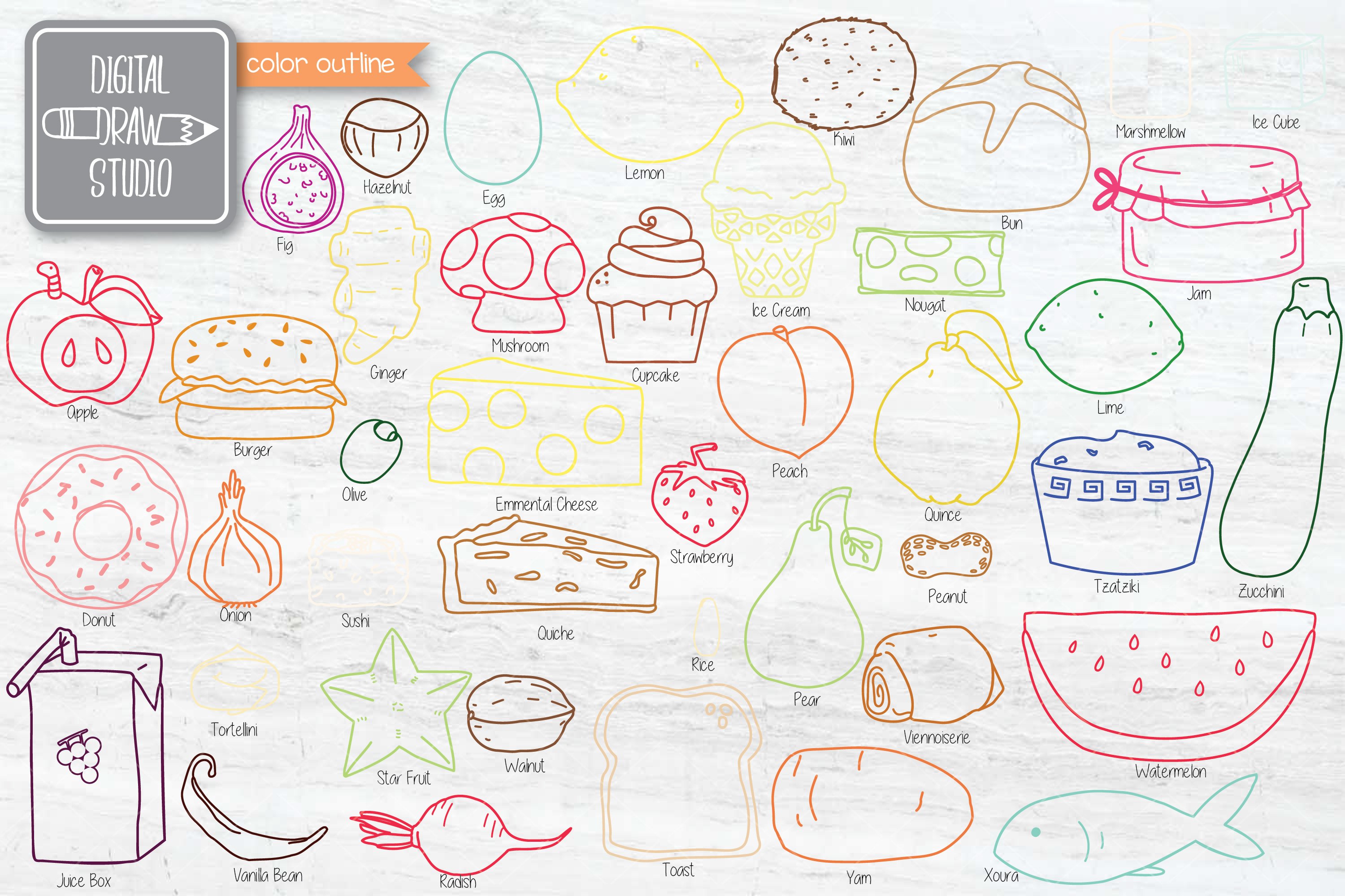 A to Z Food Color Doodles | Hand Drawn Fruit Vegetable (906552 ...