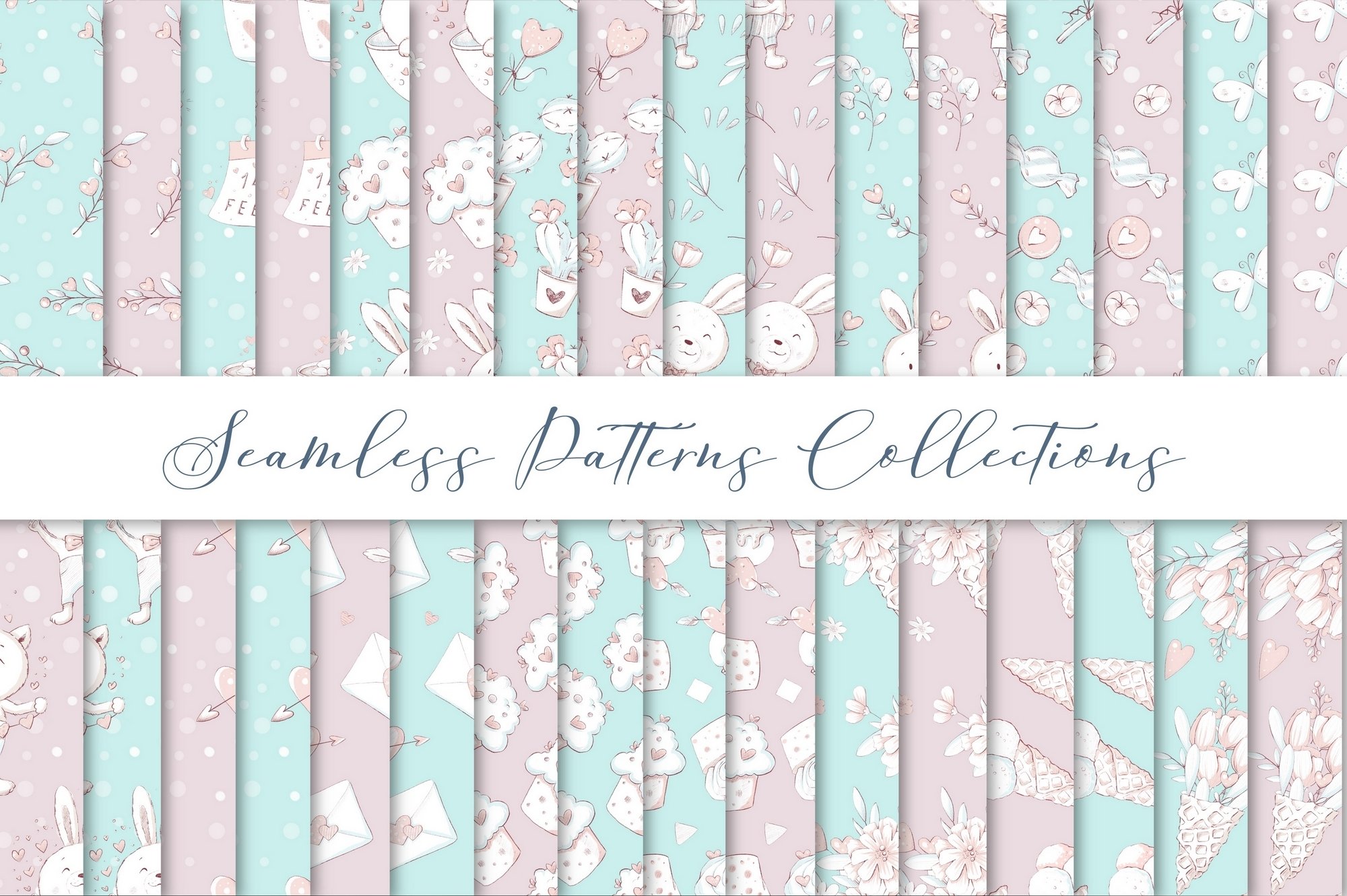 Set of seamless patterns Valentines Day Cute Bunny