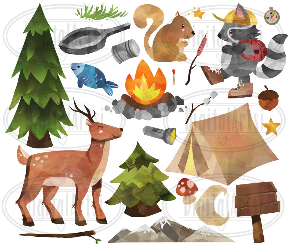 Watercolor Camping Clipart (161538) | Illustrations | Design Bundles