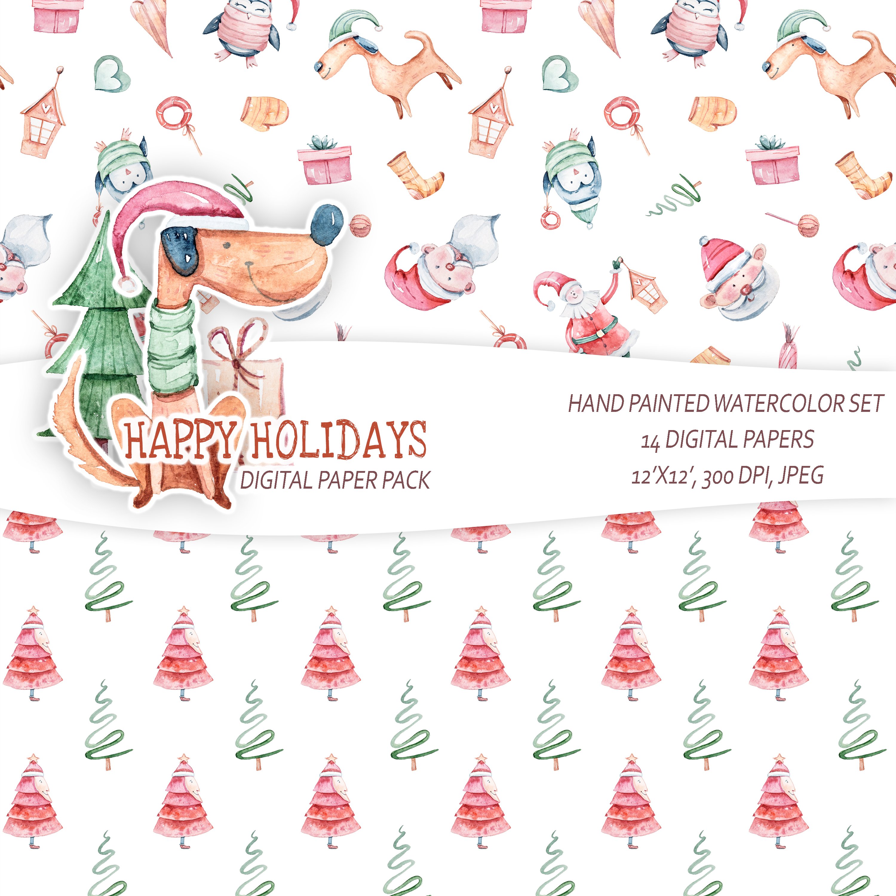 Watercolor Christmas seamless patterns. Digital paper pack (657010 ...