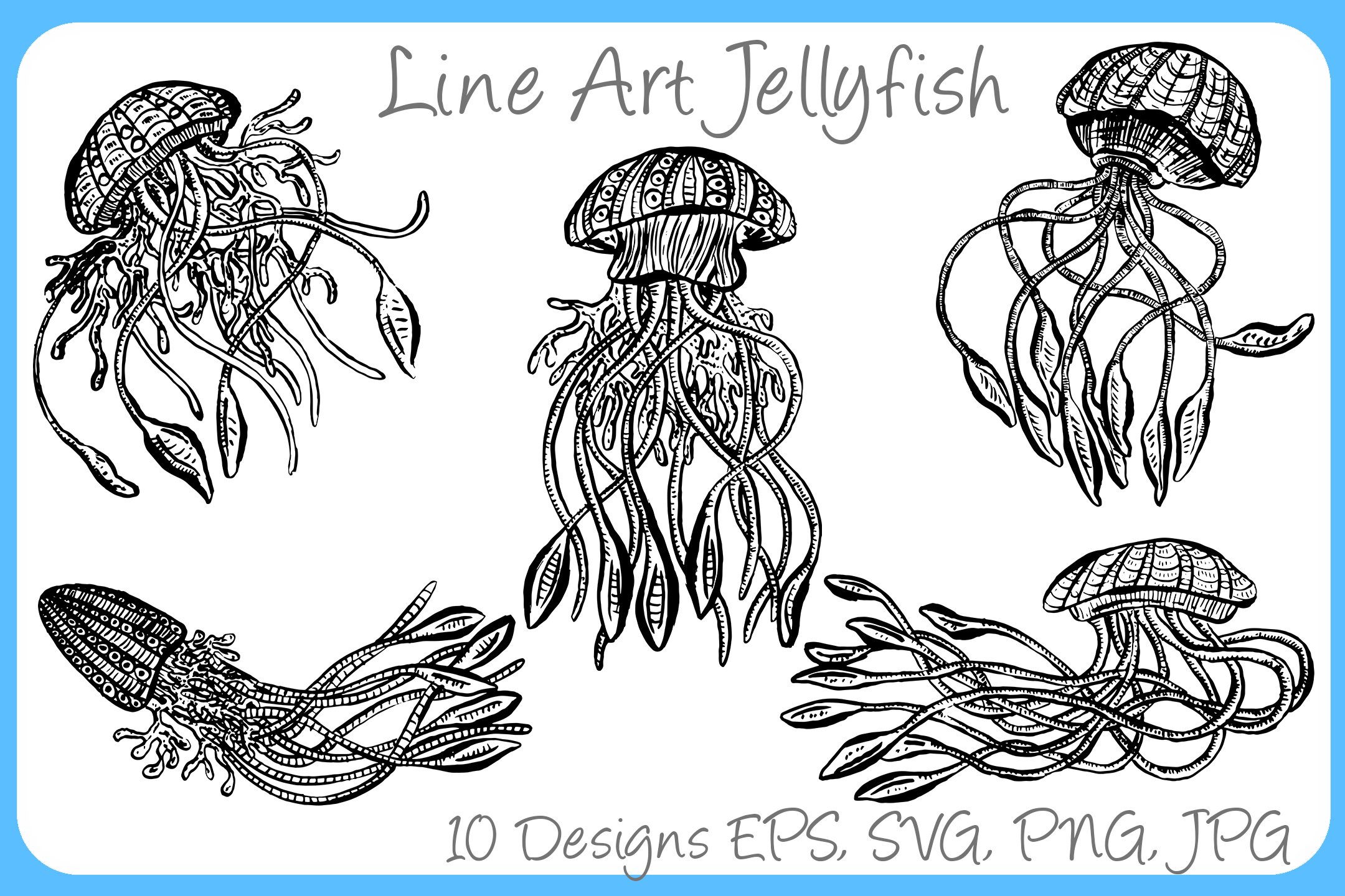 Line Art Cartoon Jellyfish Octopus Deep Sea Creatures