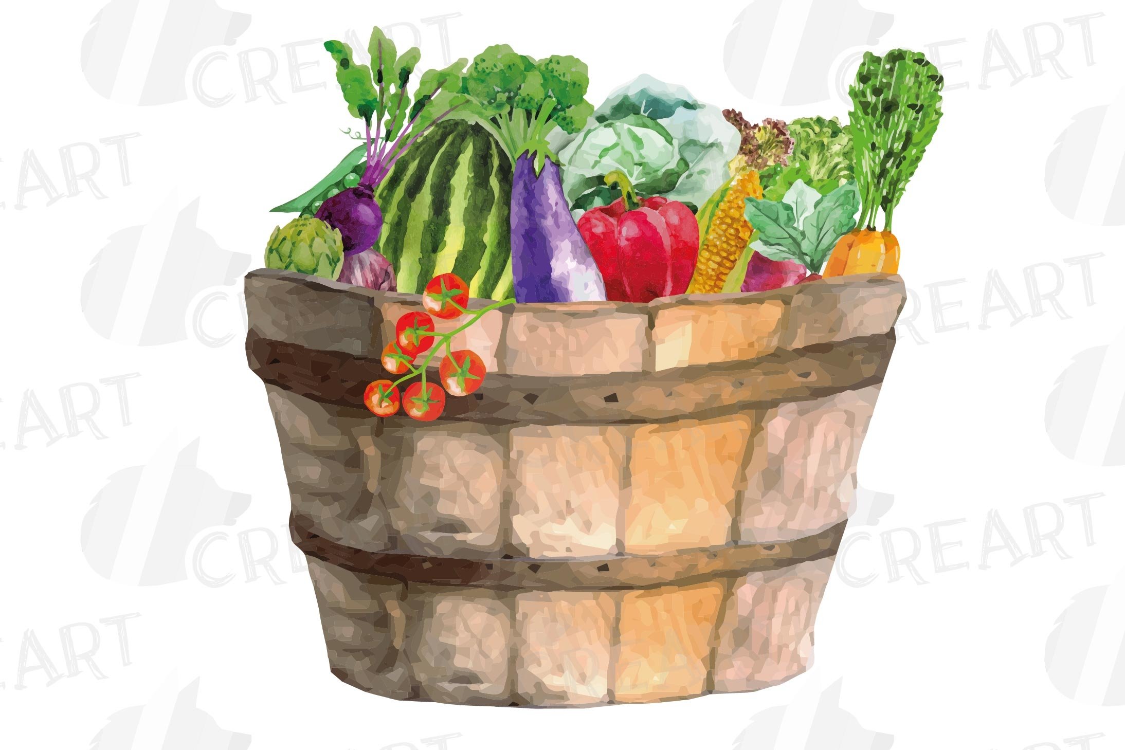 Watercolor Farm Fresh vegetables and fruits in wooden boxes (658301 ...