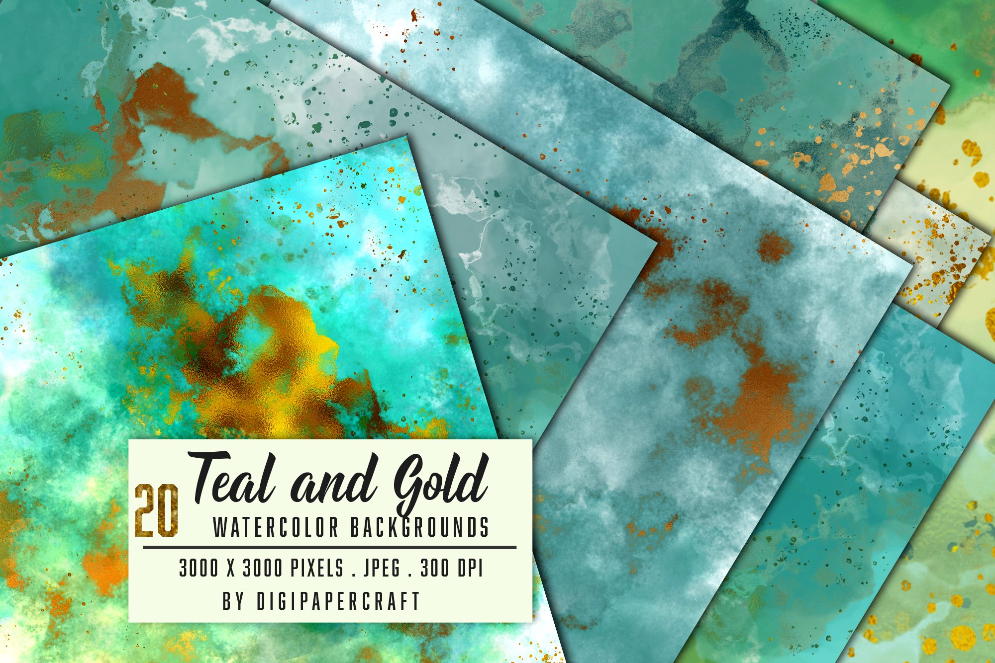 Teal and Gold Watercolor Digital Paper, Alcohol ink paper (891747 ...