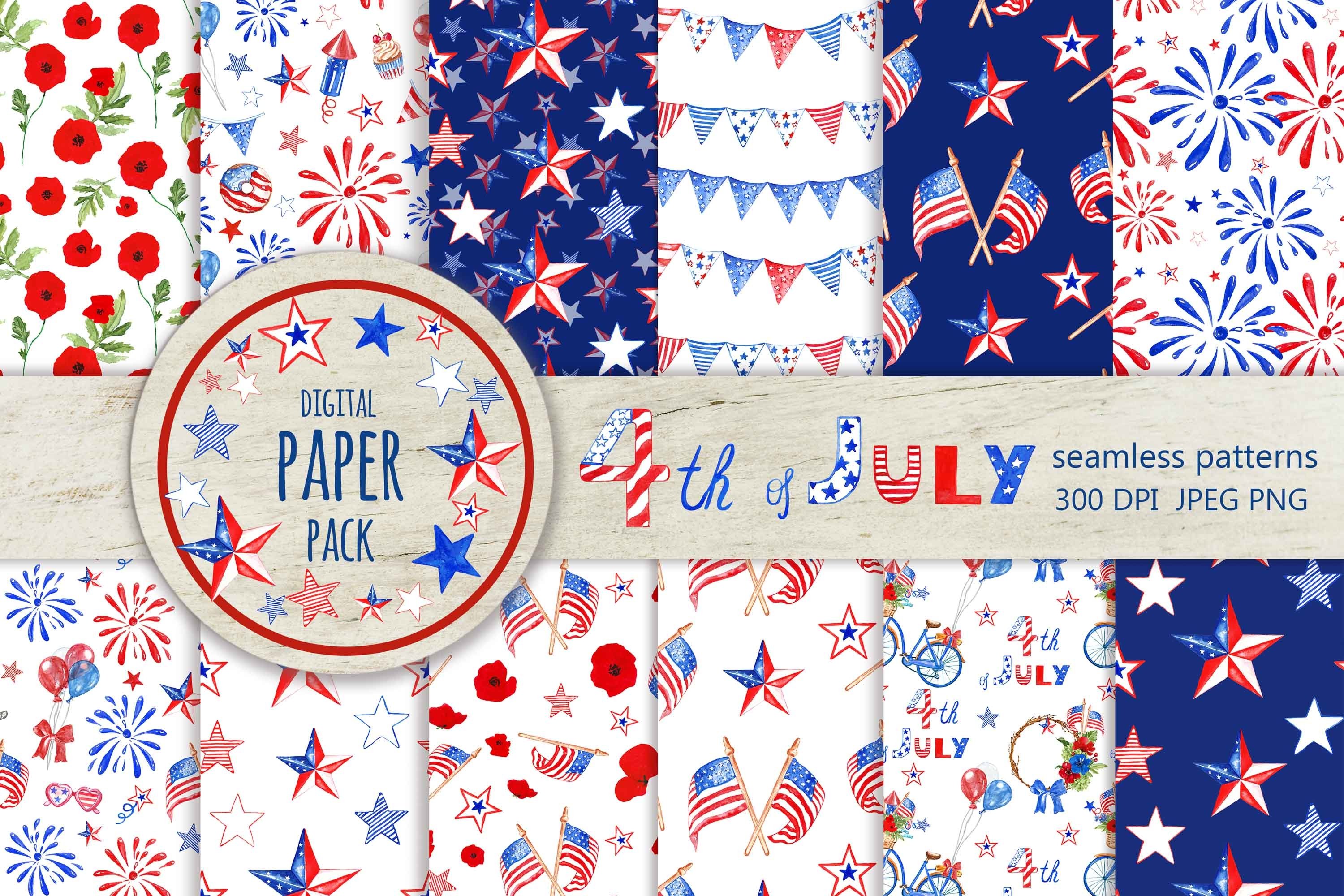 4th of July Digital Paper Pack Patriotic Celebration Holiday Seasonal ...