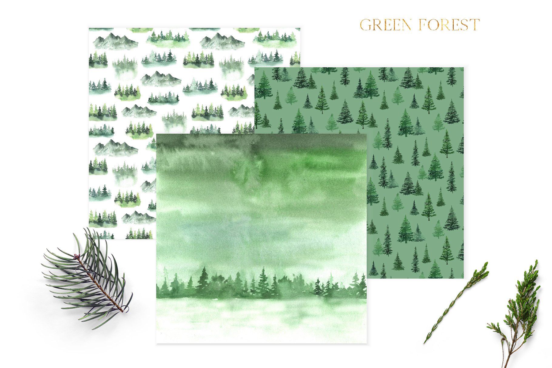 Watercolor Green Fores Digital Papers (1132062) | Illustrations ...