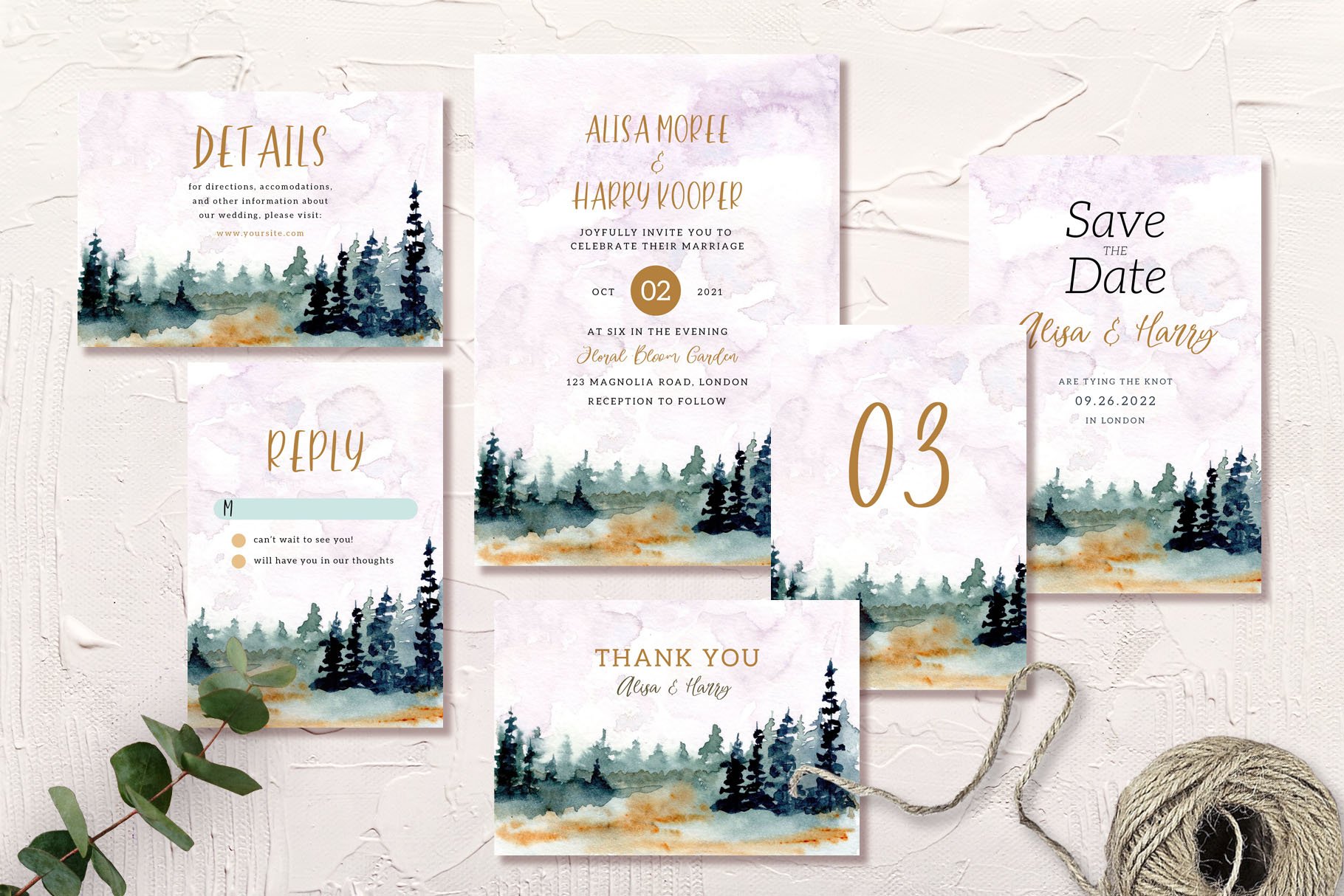 Pine Tree Landscape Watercolor Wedding Invitation Set