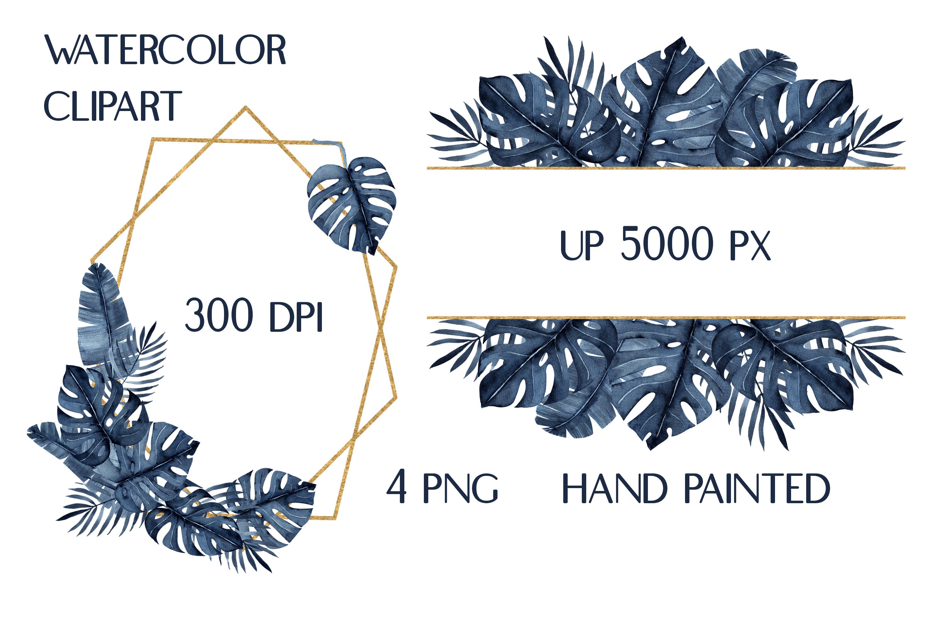 Watercolor Tropical Blue Gold Frames Clipart (1032793) | Illustrations ...