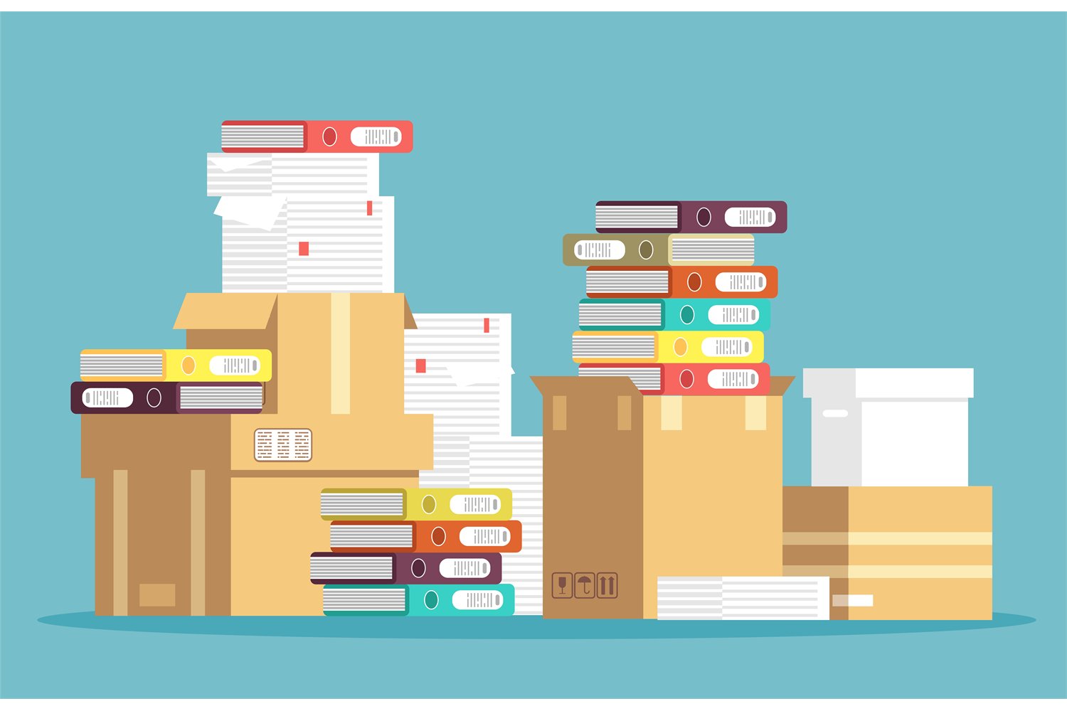 Pile of cardboard boxes, paper documents and office file fol (908942 ...