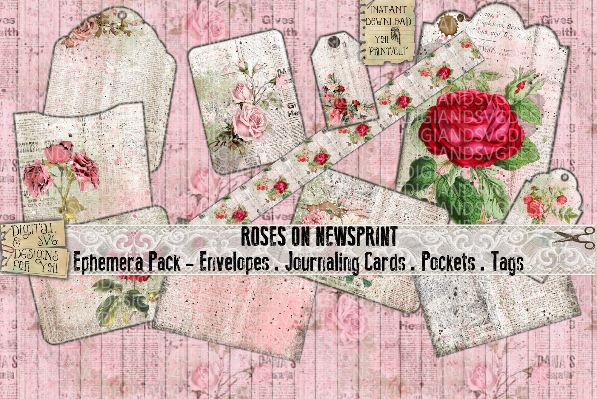Newspaper Roses Junk Journal Kit Ephemera Roses 905634 Papers