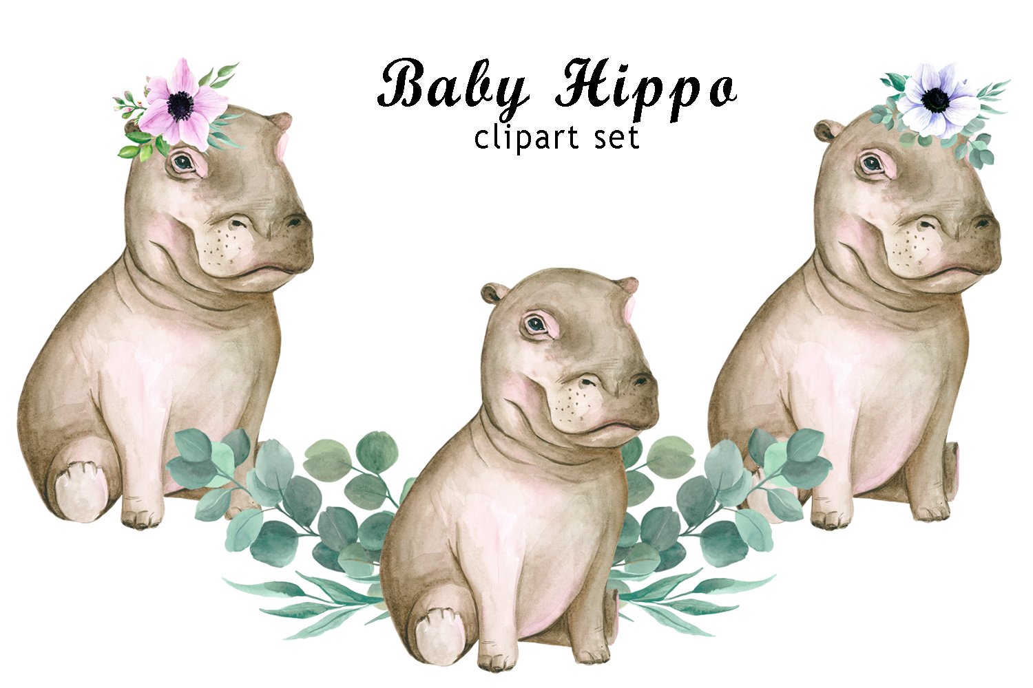 Watercolor baby hippo clipart. Tropical baby animal prints (681982 ...