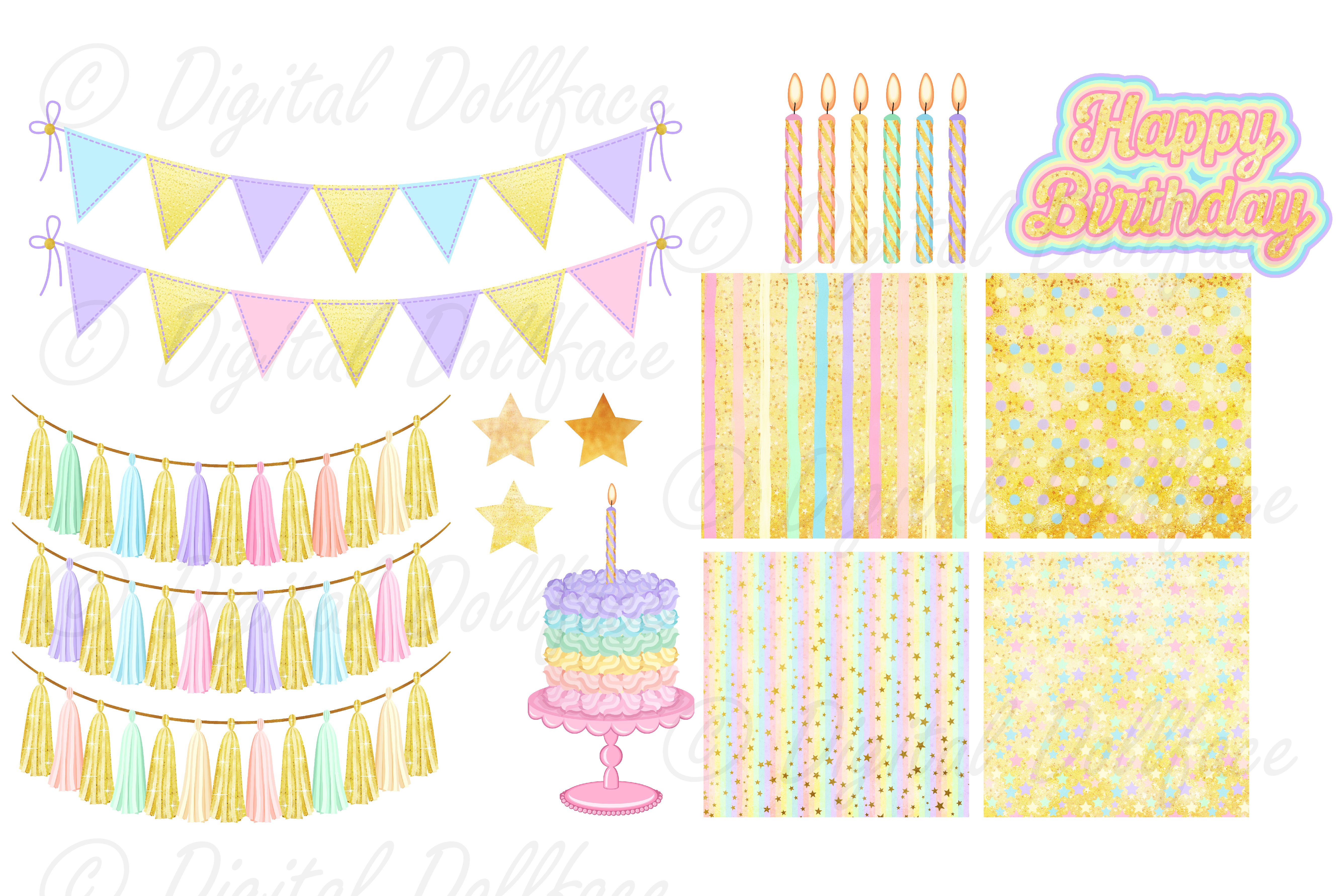 Happy Birthday Clipart and Digital Papers / Pastel Rainbow Party ...
