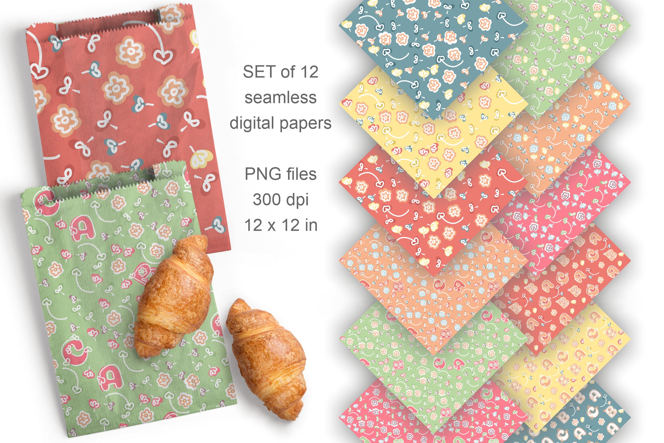 Flowers and Letters ABC Patterned Seamless Papers 12 PNG
