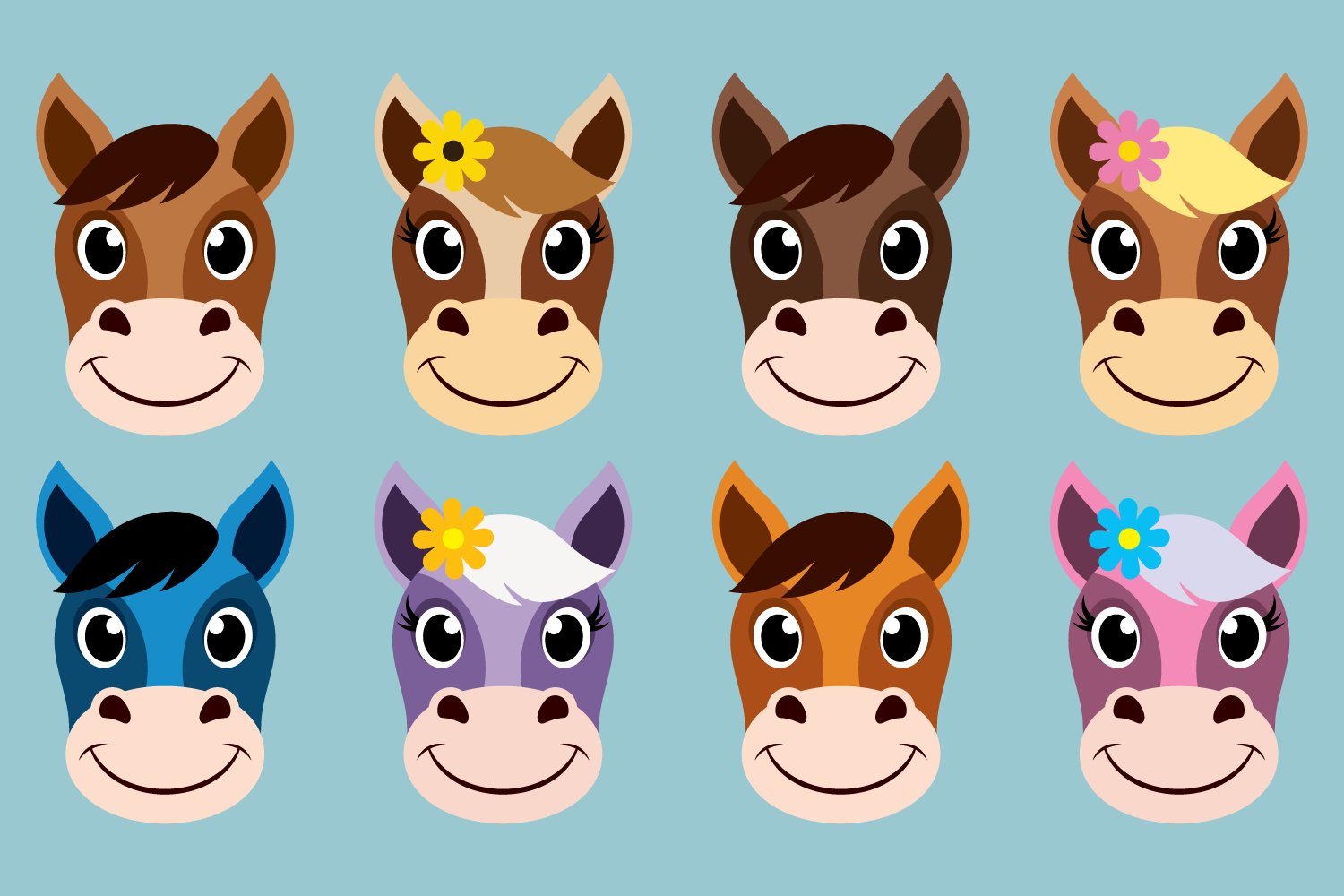 Cute Horse Clipart Bundle, Happy Face, PNG, JPEG, EPS (378936 ...