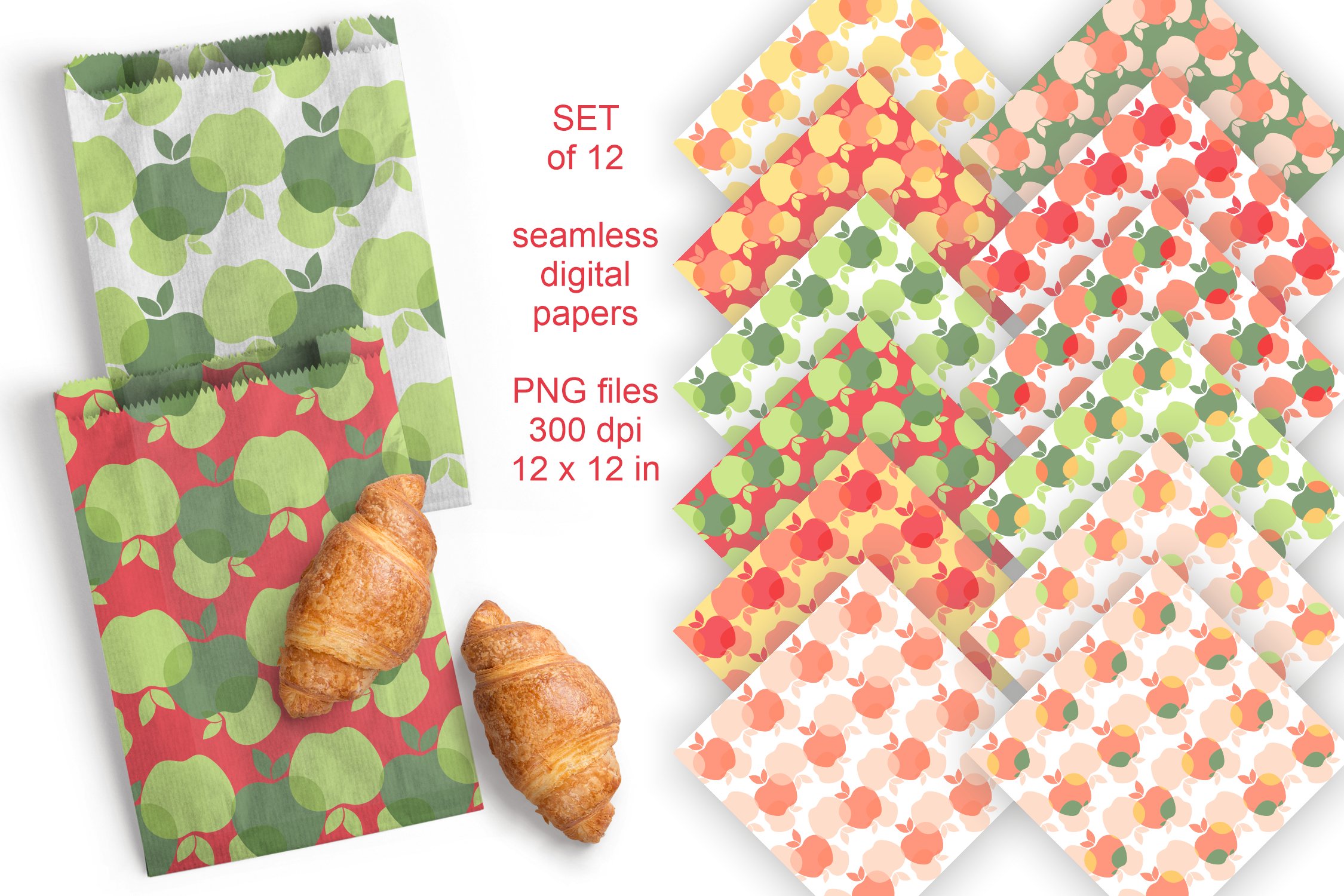 Apples Seamless Patterned Papers 12 PNG files