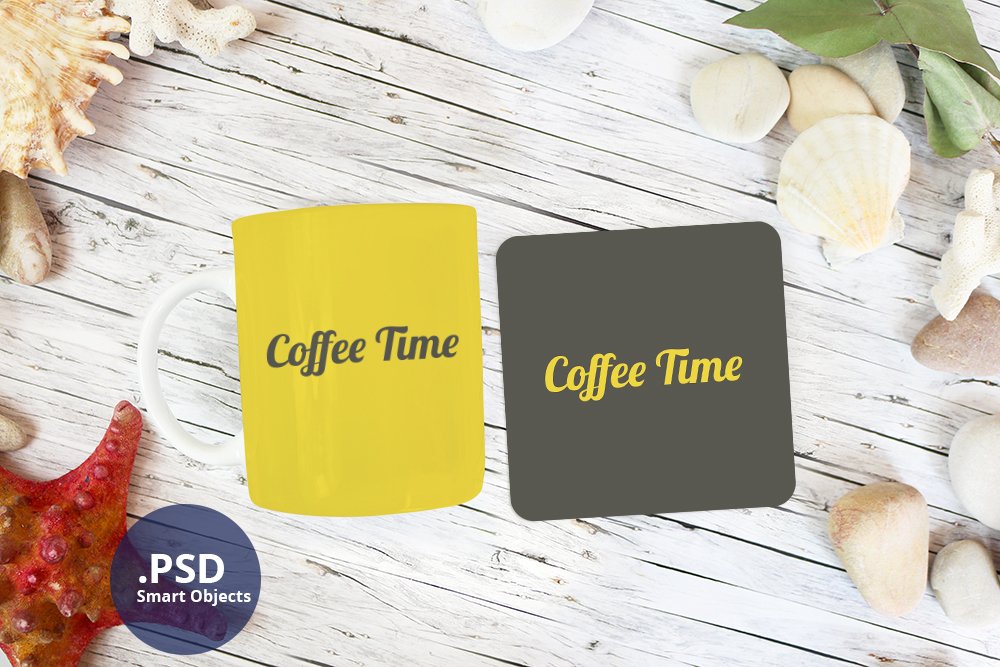 Summer styled Mug & Coaster Mockup, coaster & mug psd mockup
