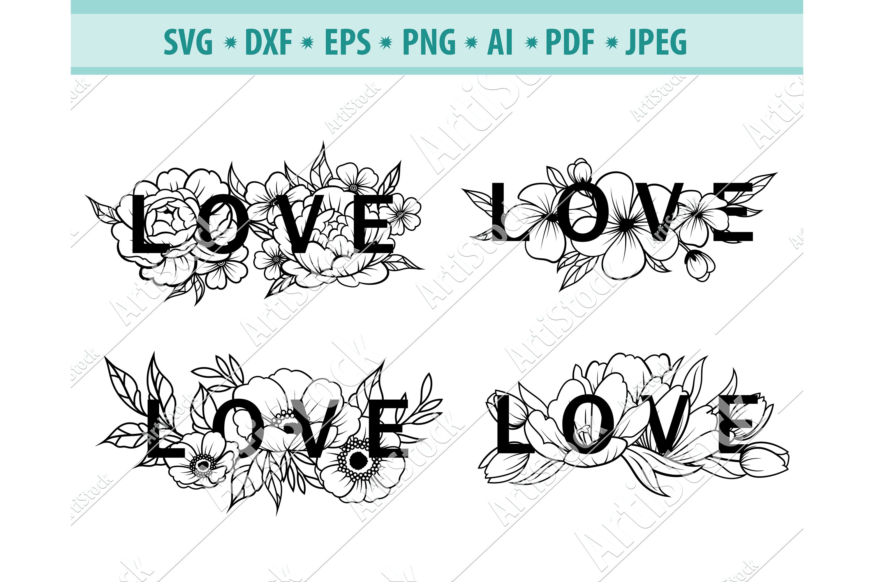 Love SVG, Love Floral SVG file, Love Flowers Dxf, Png, Eps (521695 ...