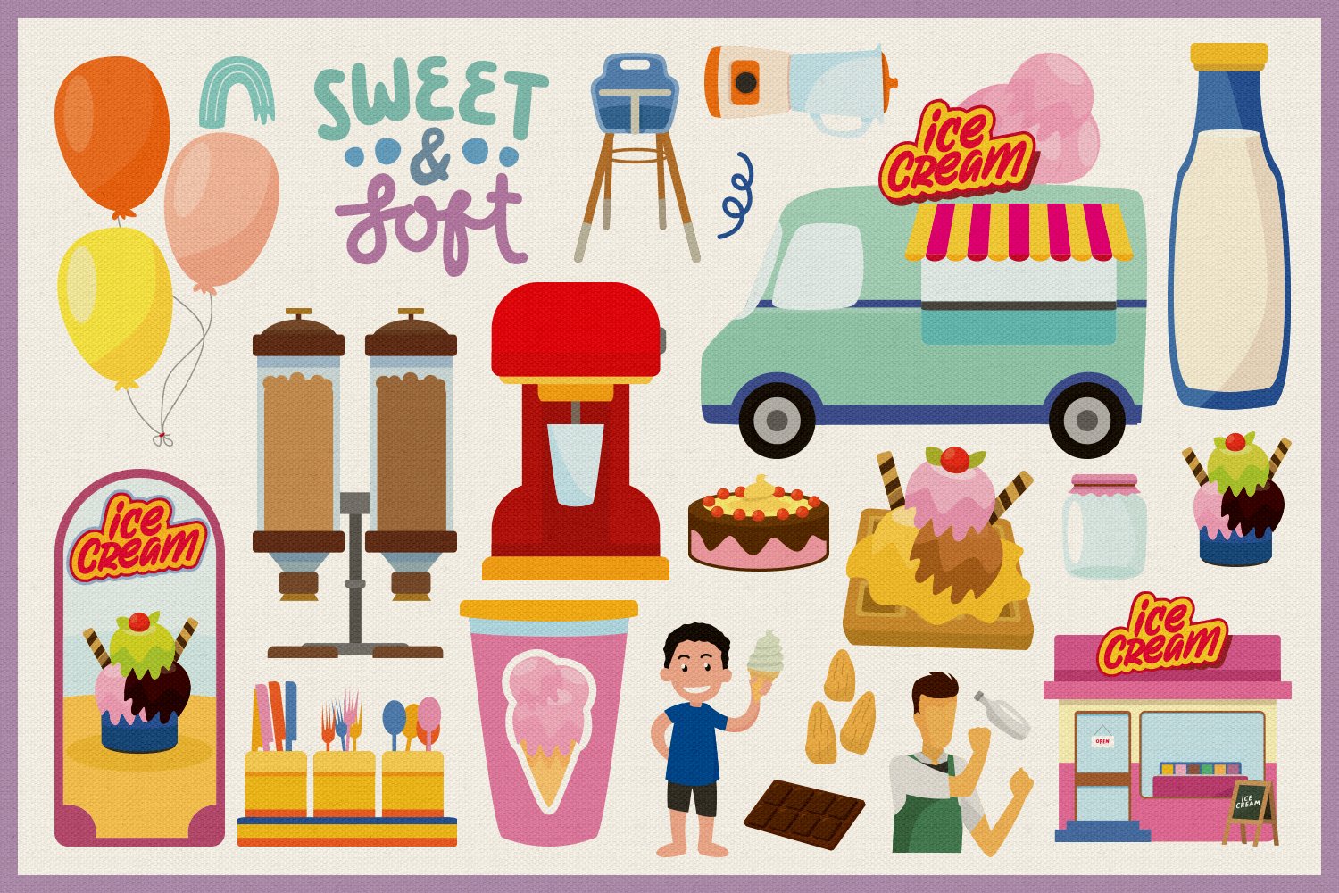 Ice Cream Shop Vector Clipart and Seamless Pattern