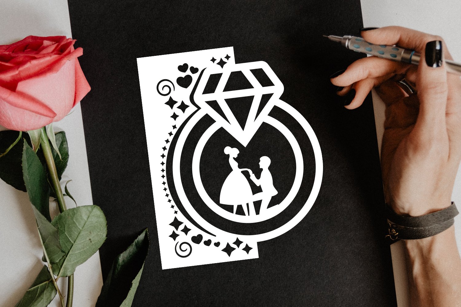 Papercut Man Proposing on Valentines Day Card Cover, Ring