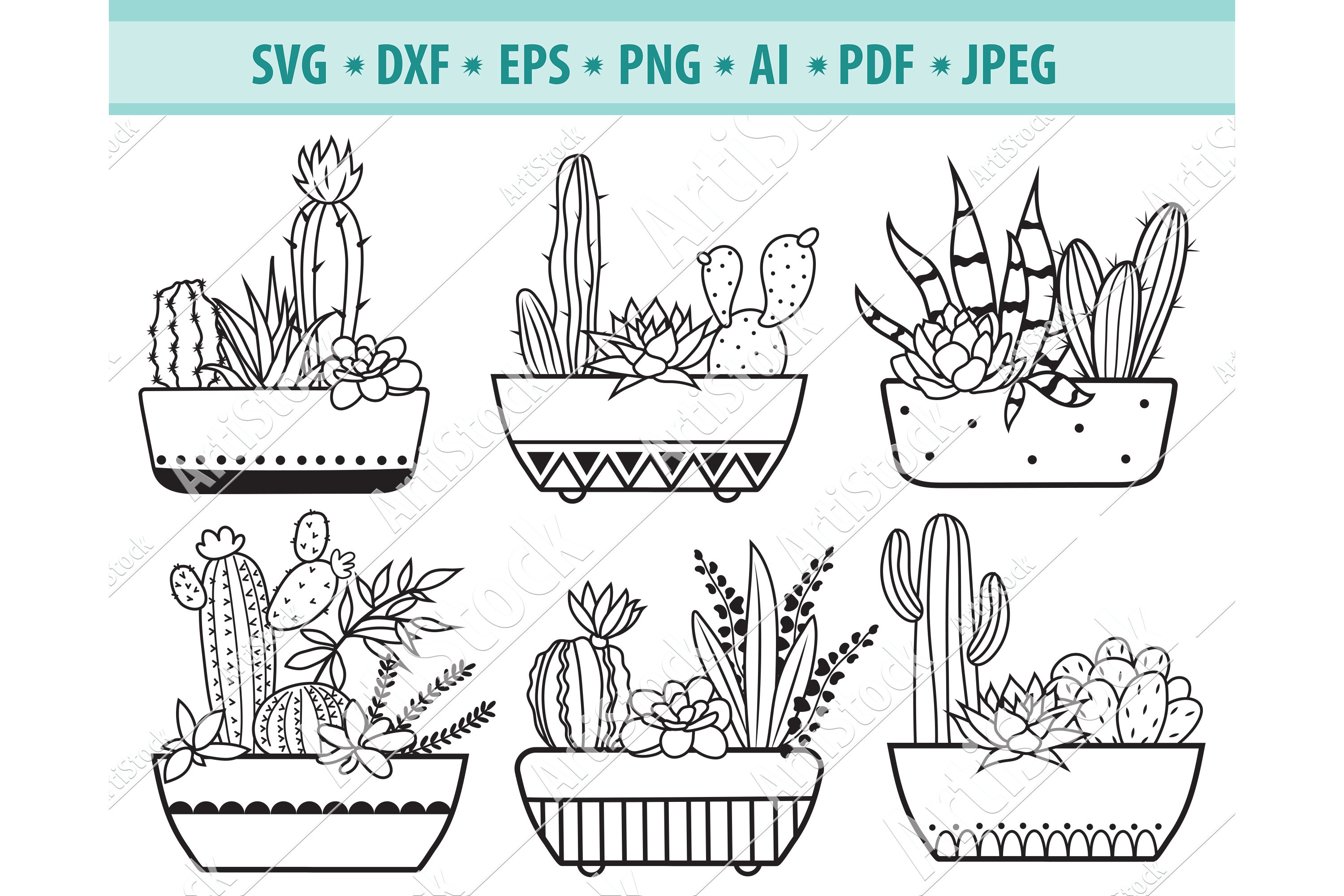 Cactus SVG Bundle, Succulent SVG, Cactus pots Png, Dxf, Eps (986925 ...