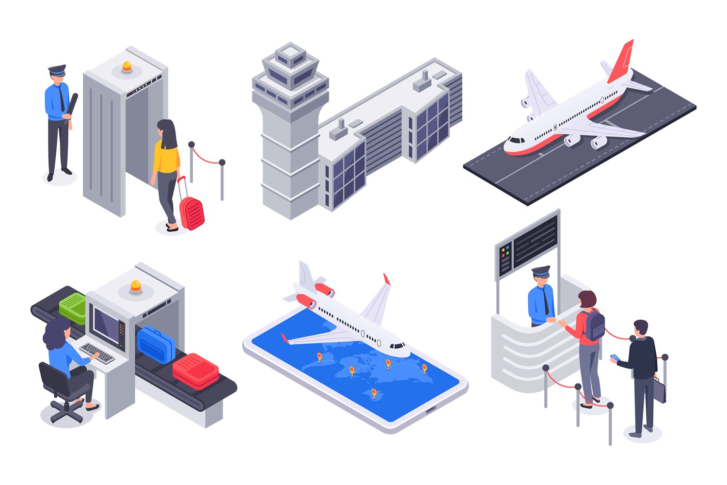 Isometric airport passengers. Tourism flight aircraft, busin (1004345 ...