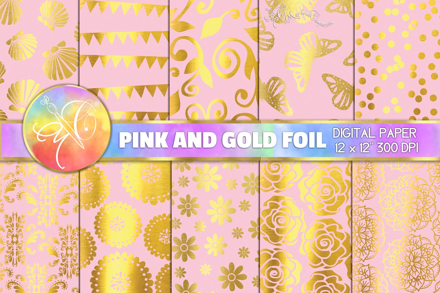 Pink and Gold Foil Digital Paper, Digital Background (310616 ...