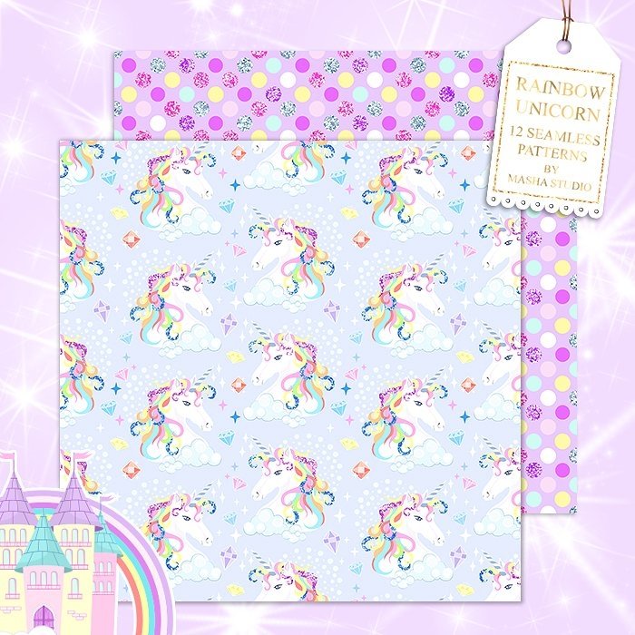 RAINBOW UNICORN digital paper pack (83677) | Patterns | Design Bundles
