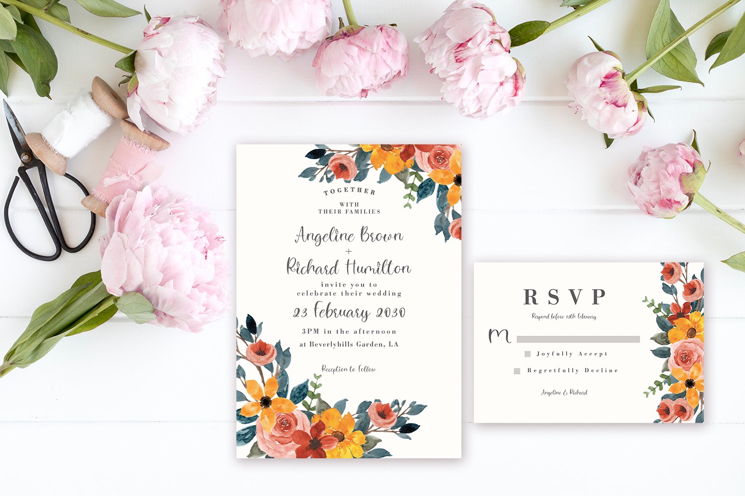 Lovely Blooming Bright Flower Wedding Invitation Set