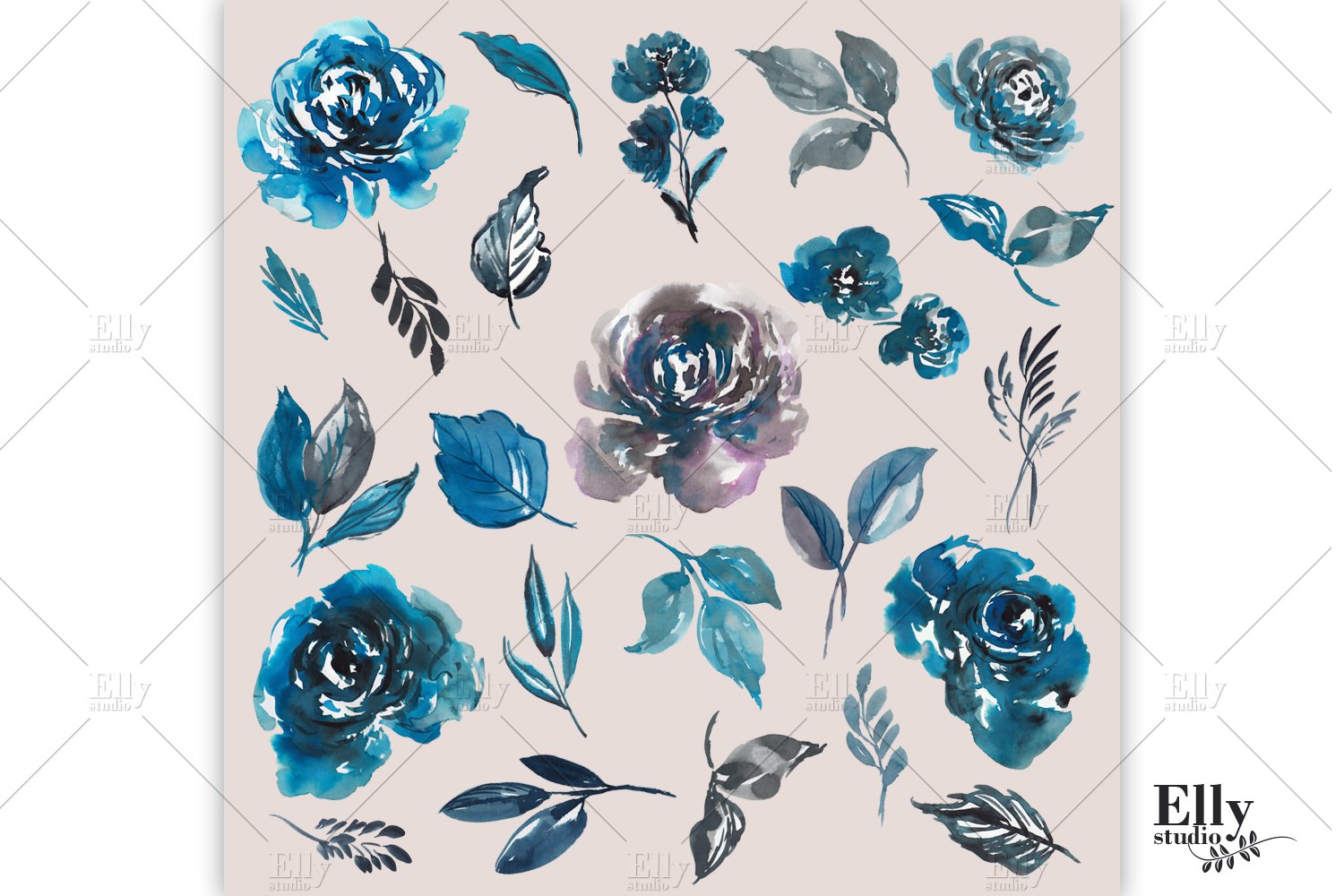 Watercolor Flowers Indigo Clipart (101684) | Illustrations | Design Bundles