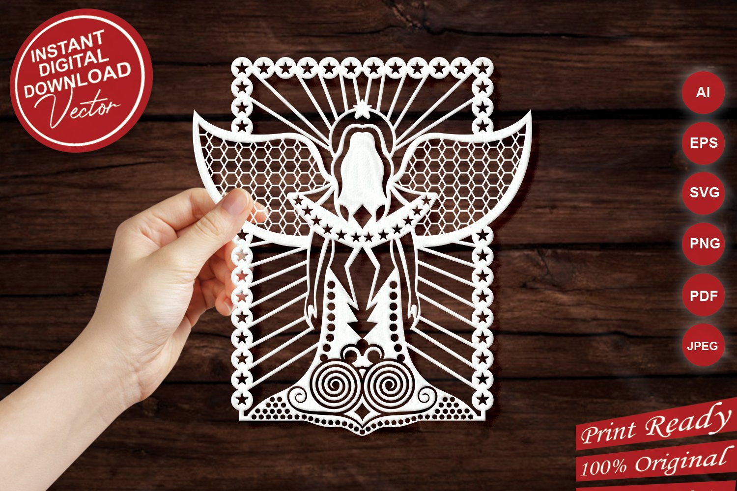 Papercut Angel Frame Design with Abstract Shapes and Spirals