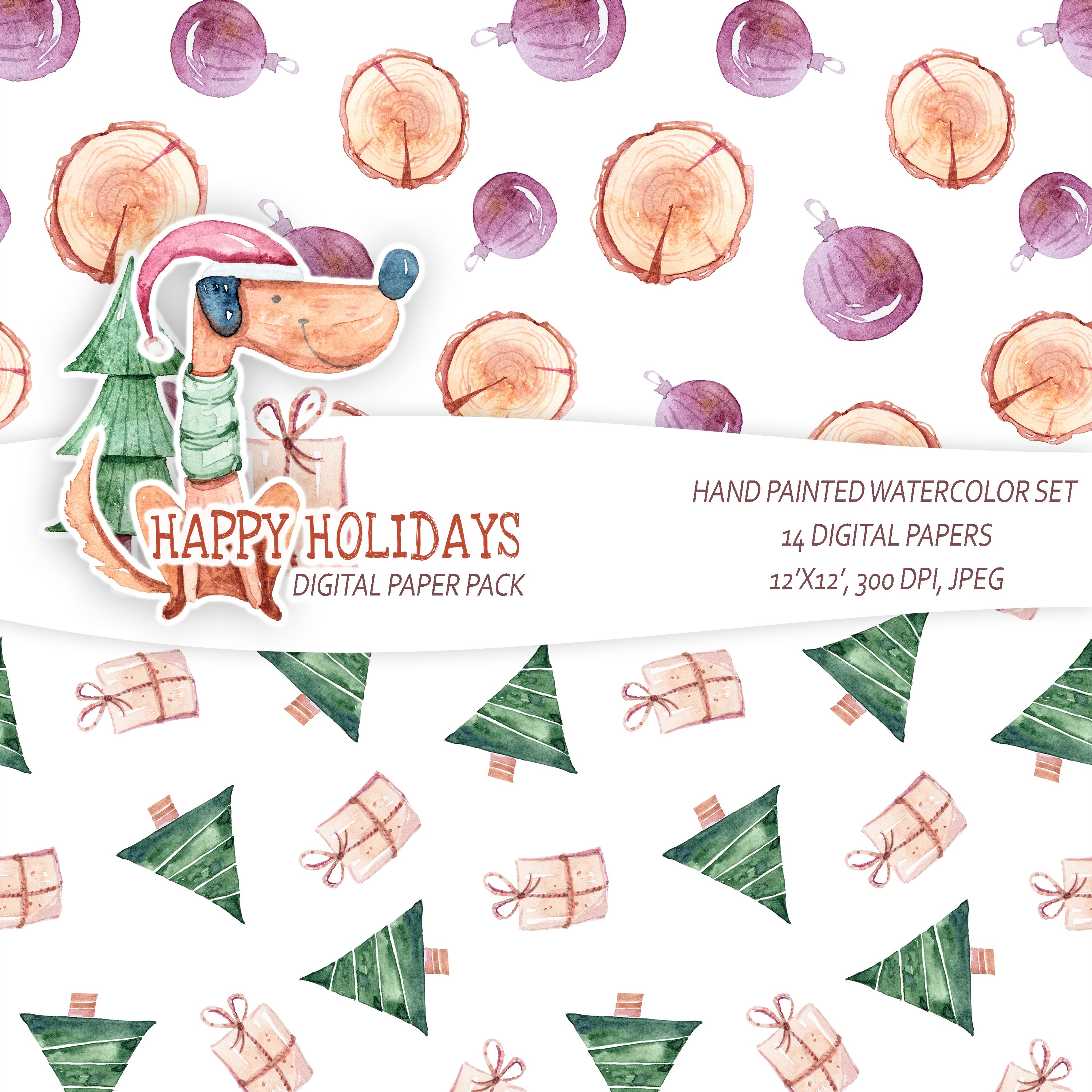 Watercolor Christmas seamless patterns. Digital paper pack (657010 ...