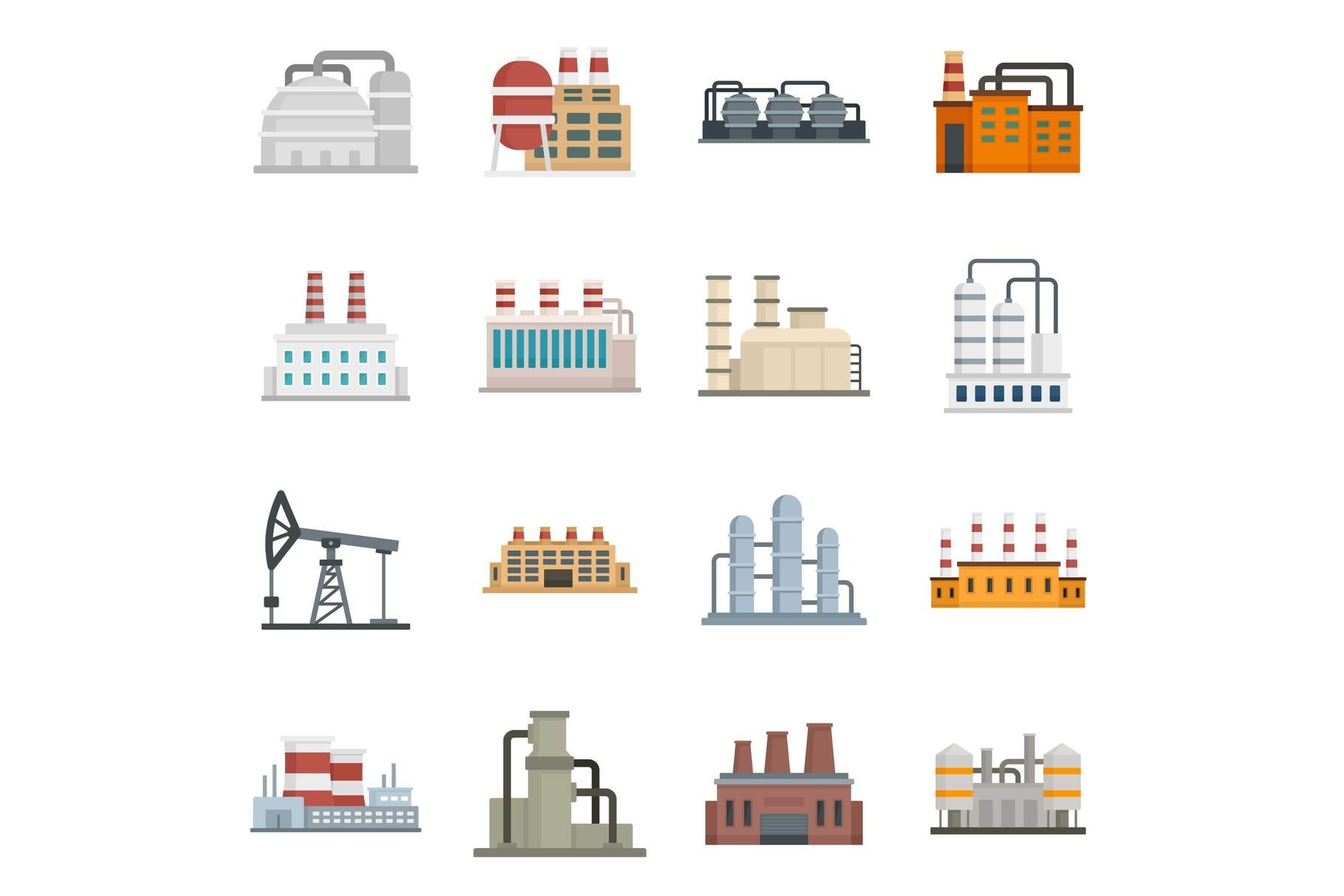 Refinery plant icons set, flat style (554784) | Illustrations | Design ...