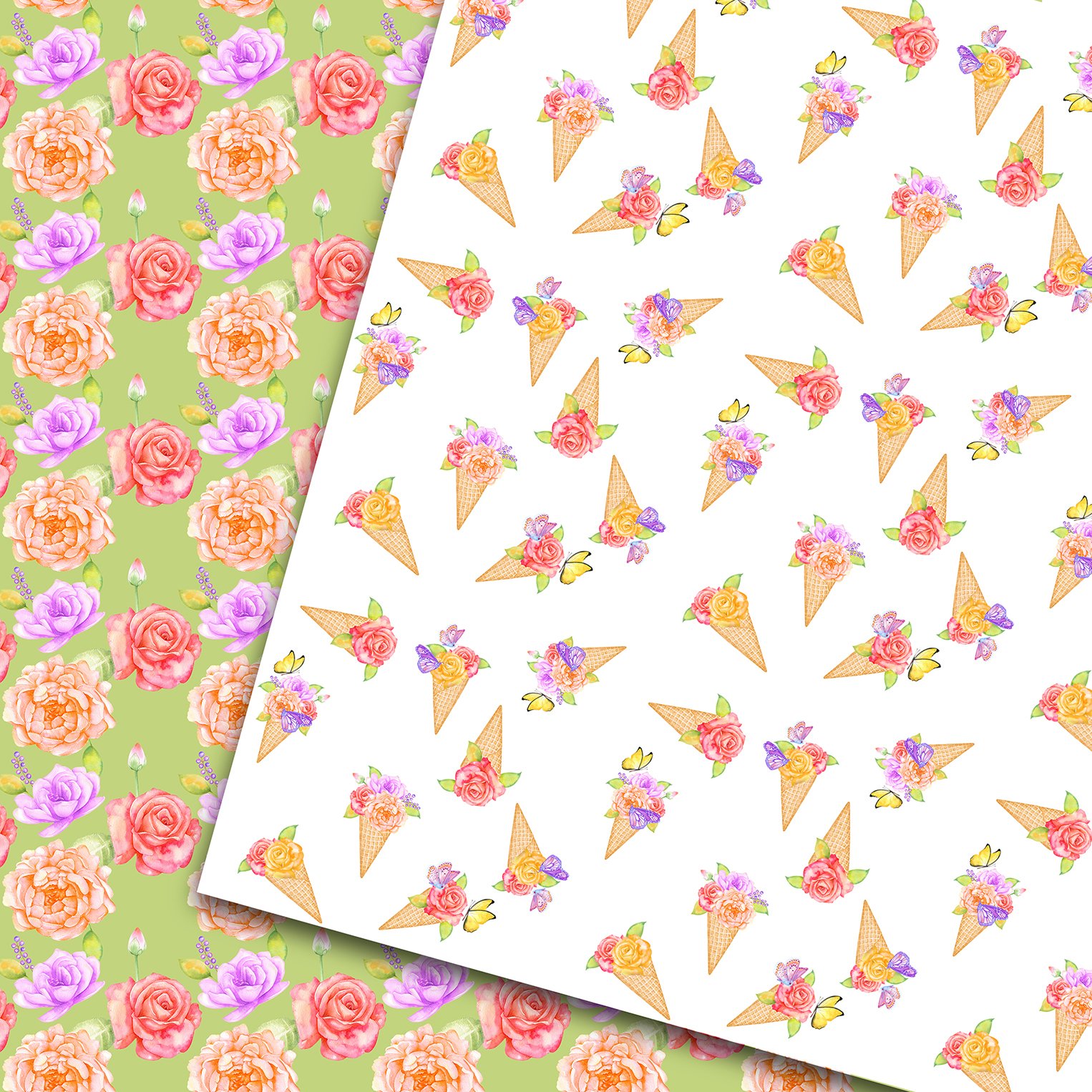 Watercolor flowers and butterflies digital paper pack (460738 ...
