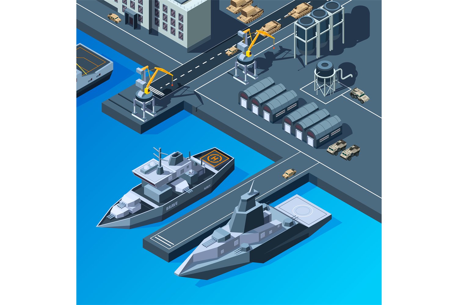 Warships on the pier. American navy isometric pictures set (826432 ...