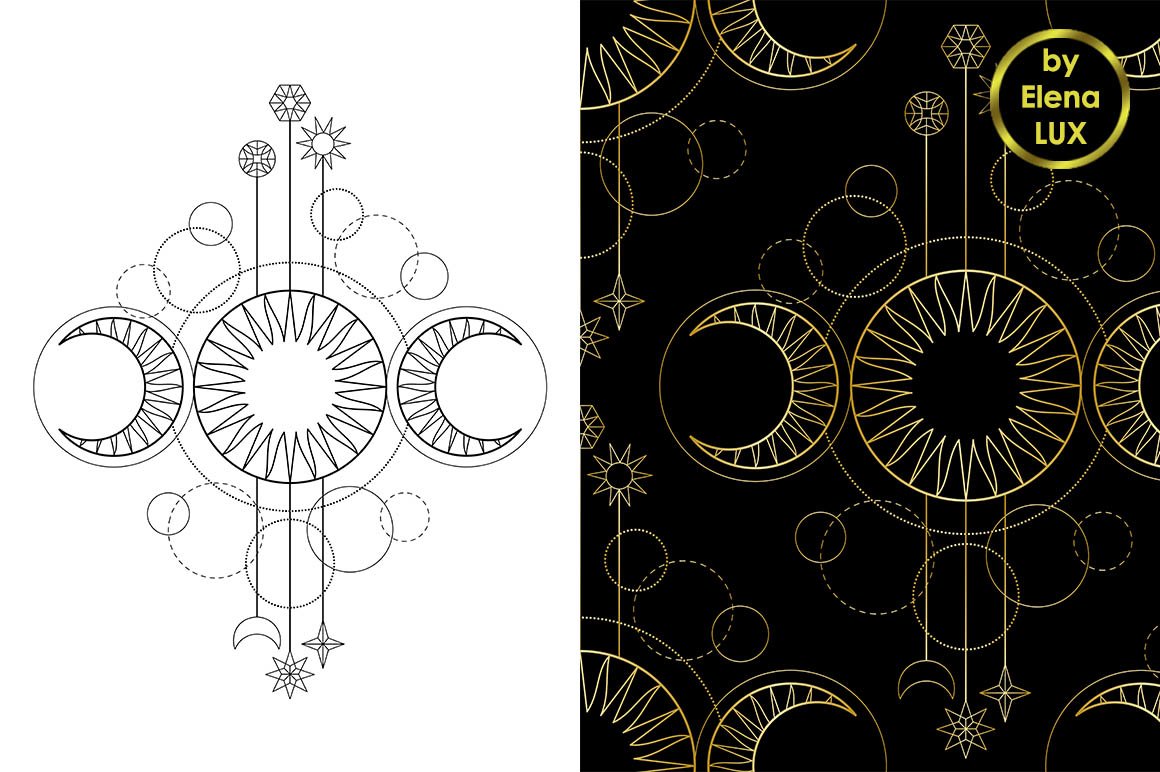 Triple Moon Tattoo Seamless Pattern Set (348441) | Icons | Design Bundles