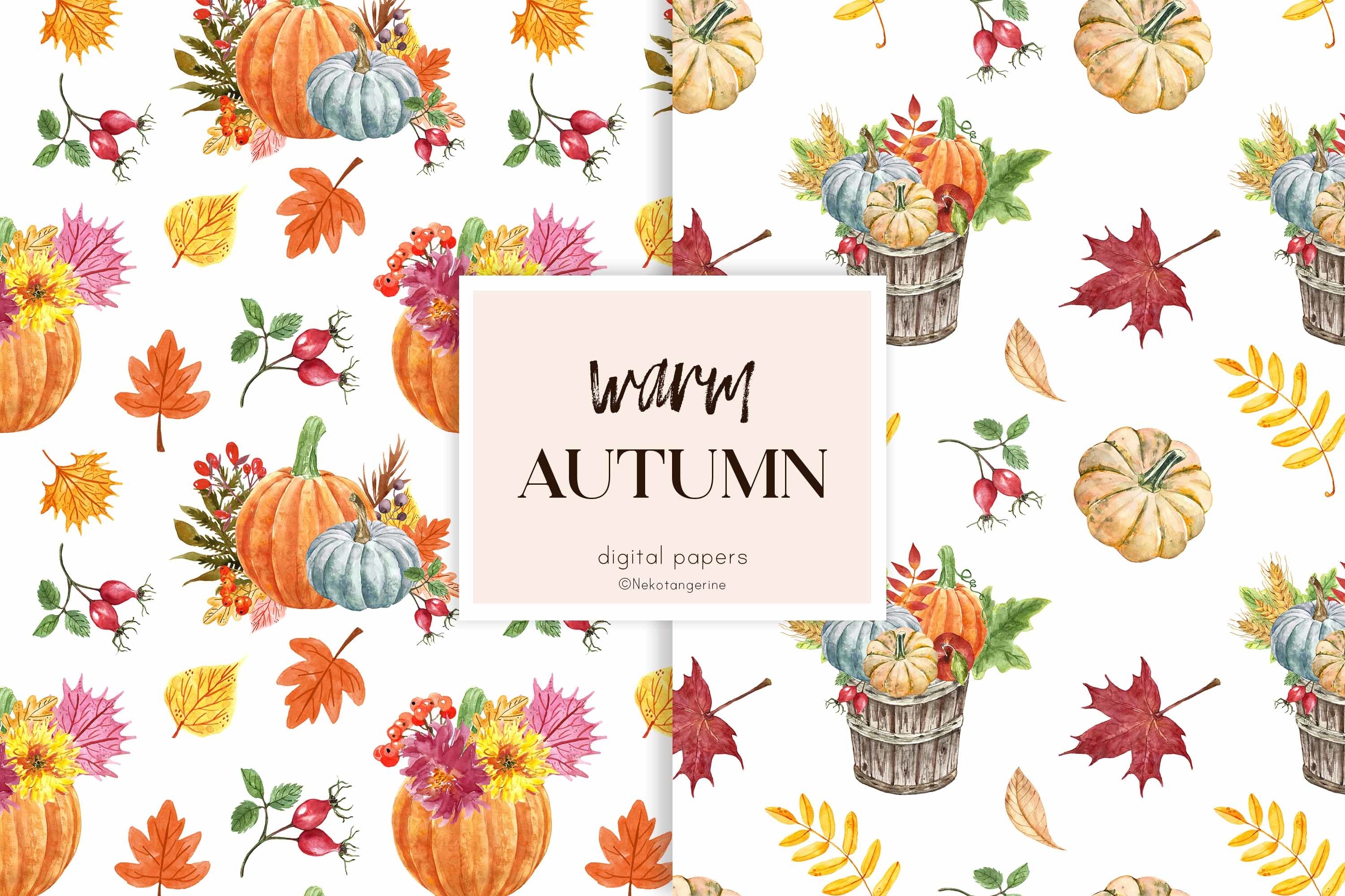 Fall Digital Paper pack Pumpkin seamless patterns Watercolor (884289 ...