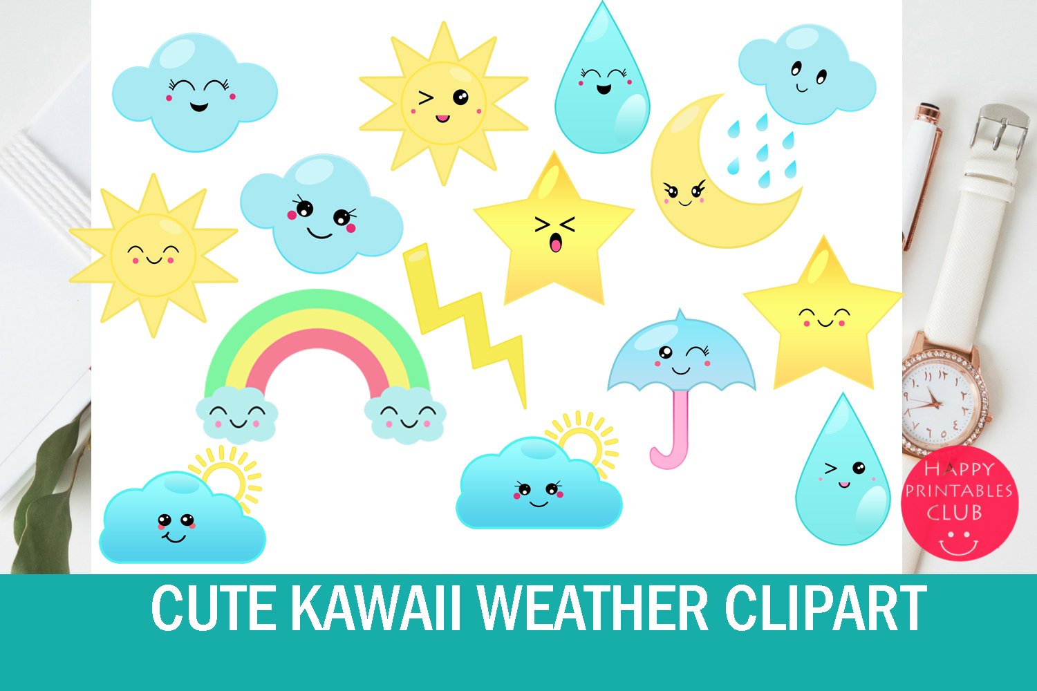 Cute Kawaii Weather Clipart (84697) | Illustrations | Design Bundles