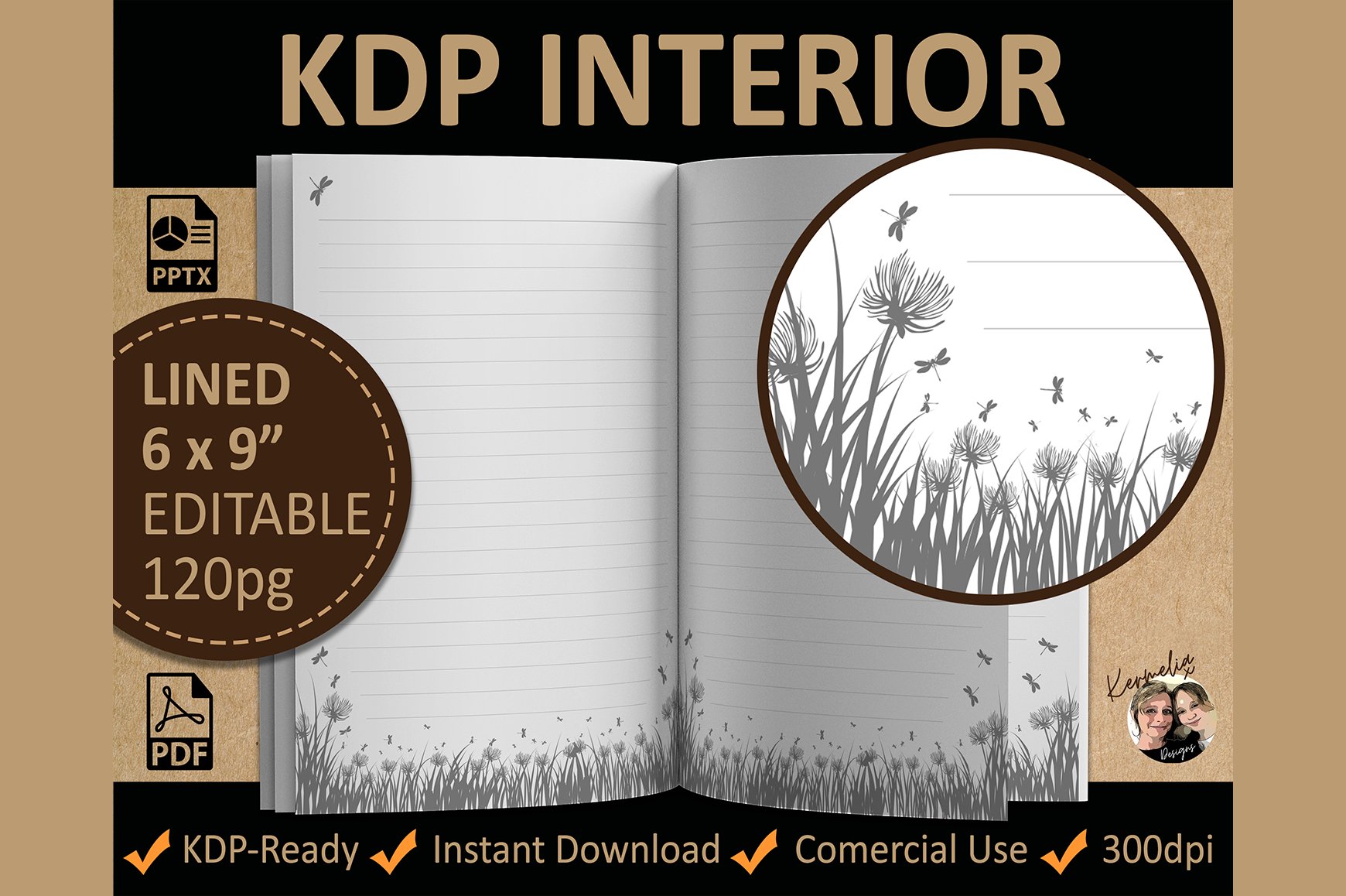6x9' FLORAL LINED Interior Editable Template | Amazon KDP (1178602 ...