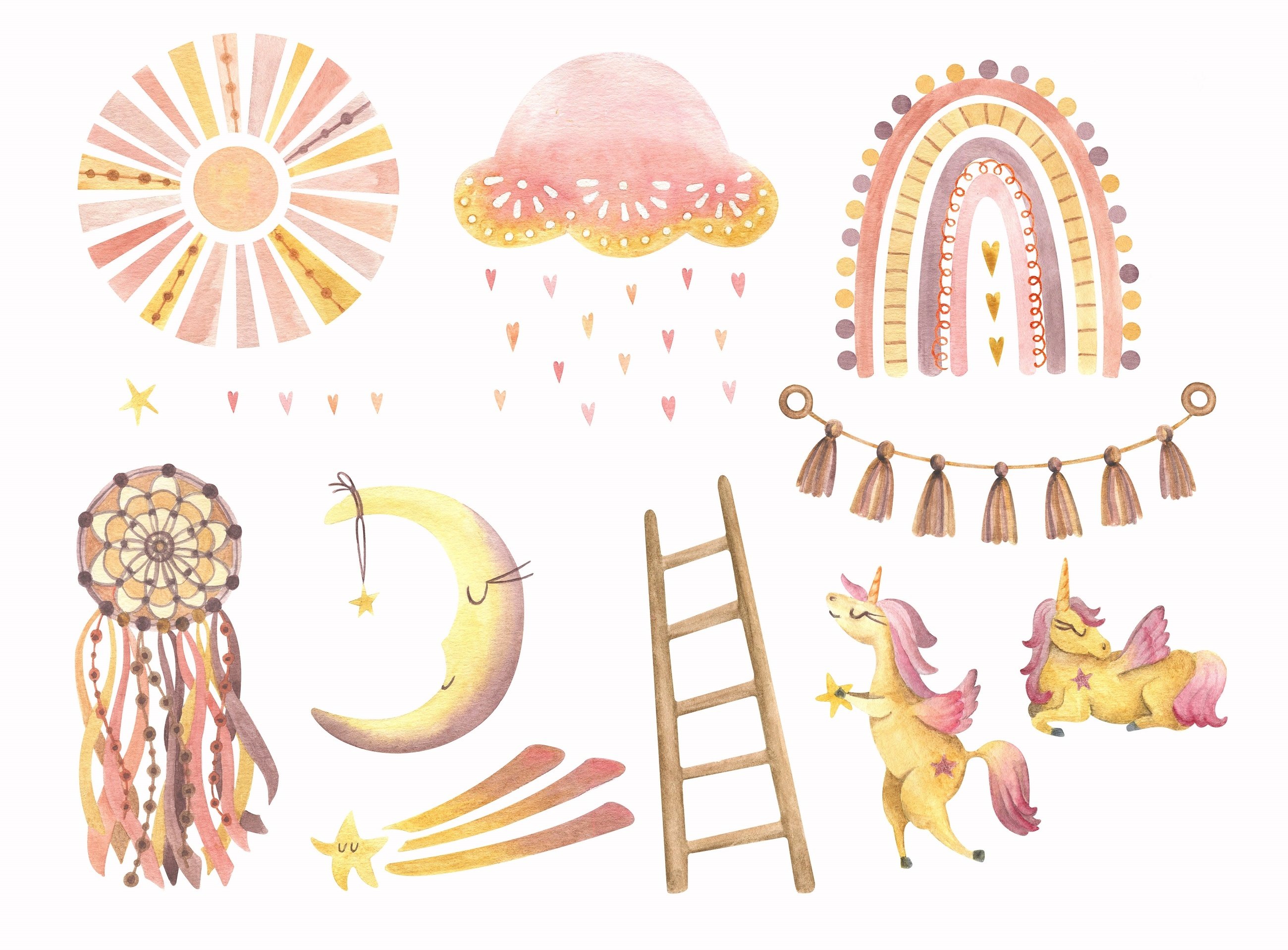 Kids watercolor clipart boho, unicorn, rainbow, moon, sun (917570 ...