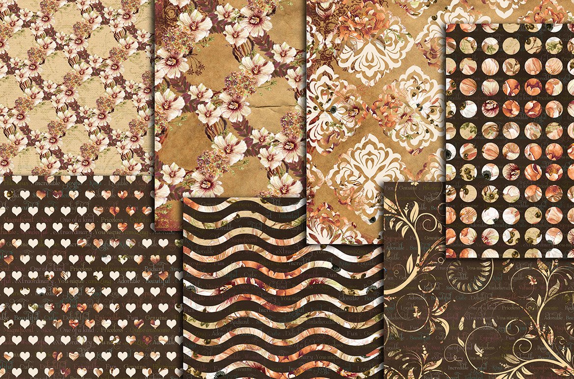 Brown floral digital paper pack (29137) | Illustrations | Design Bundles