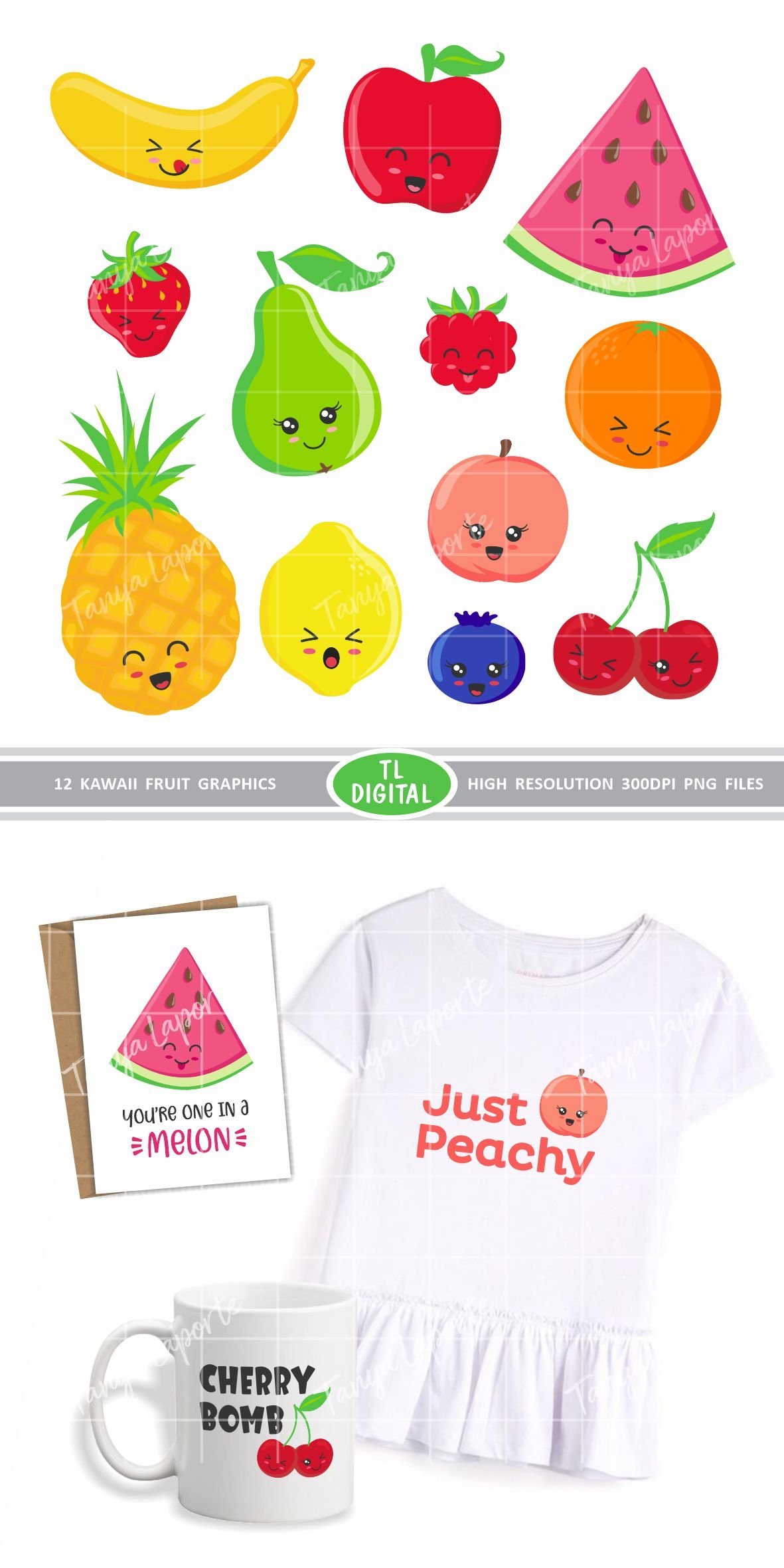 Kawaii Fruit Clipart Set - PNG Files - 12 Graphics (360654 ...