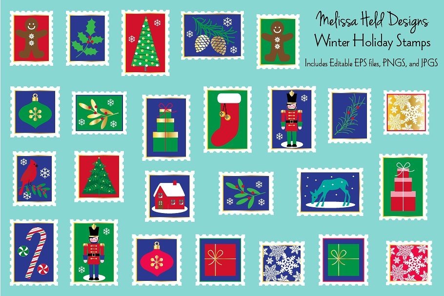 Winter Holiday Stamps Clipart (160645) | Illustrations | Design Bundles