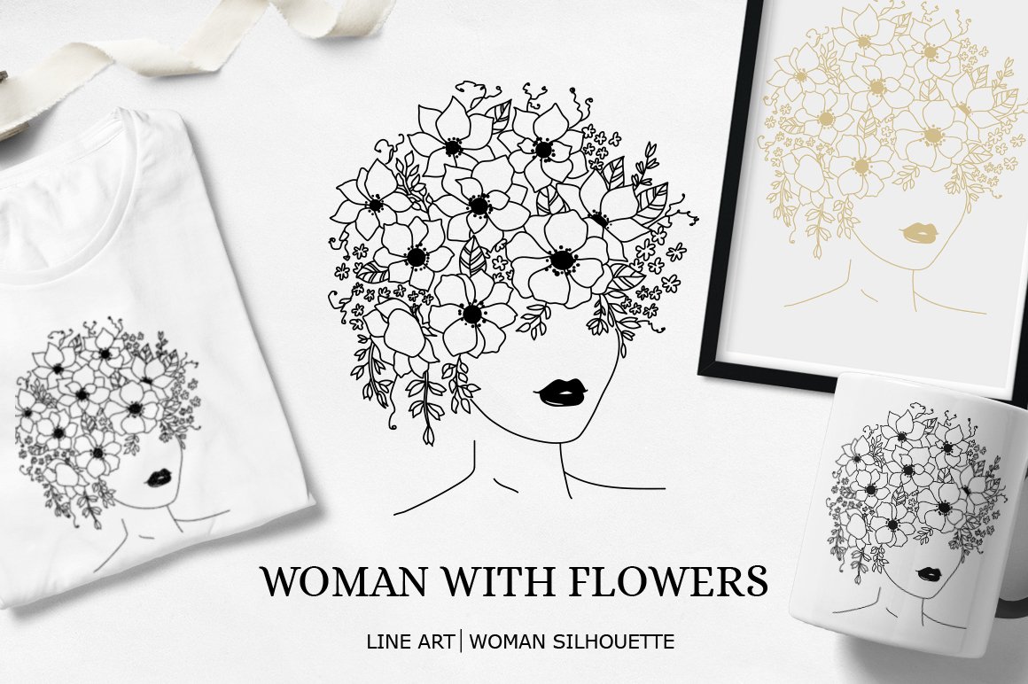 Woman with flowers| Line art illustration